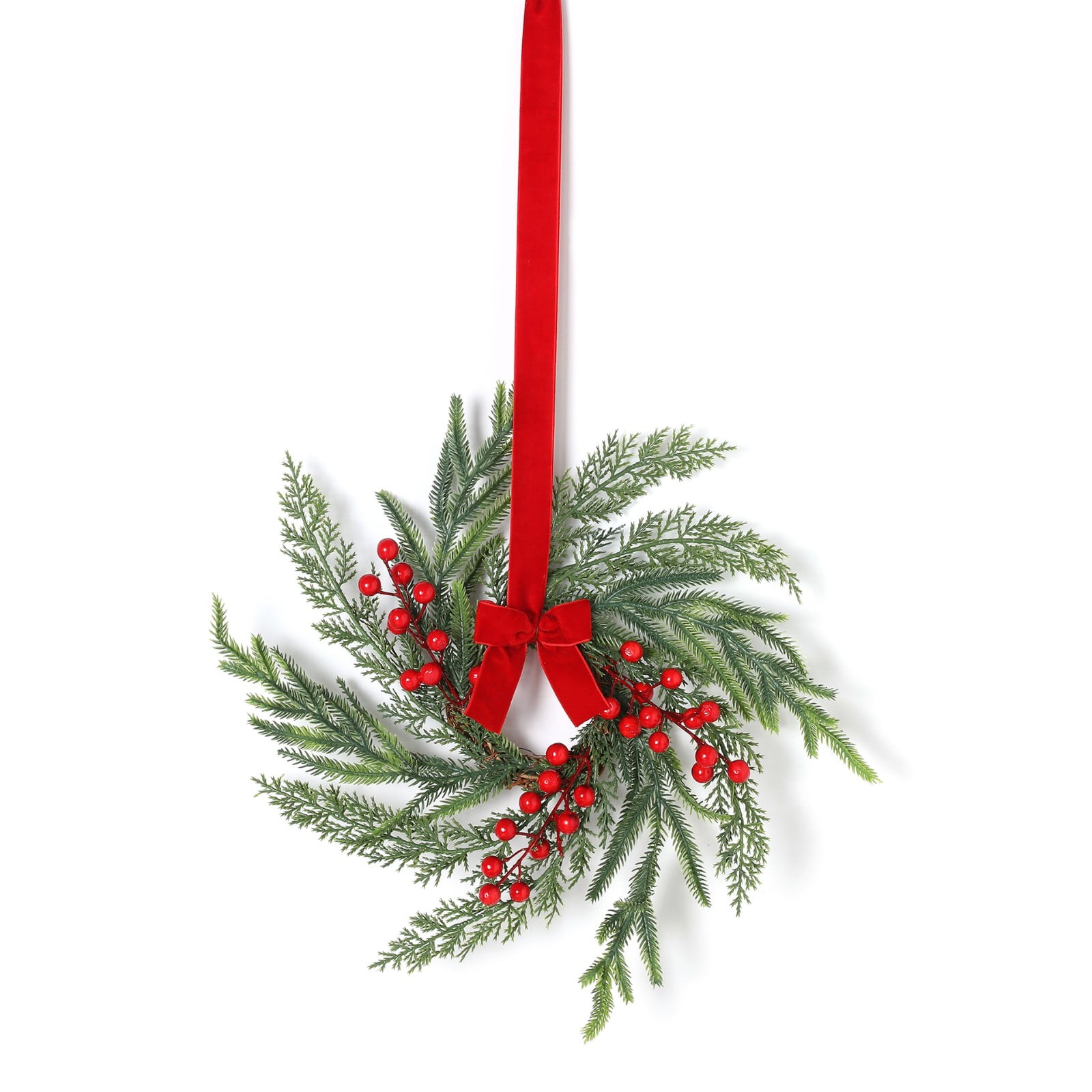 Small Christmas Wreaths 11. Inch Mini Wreath with Red Bow Berries Pine ...