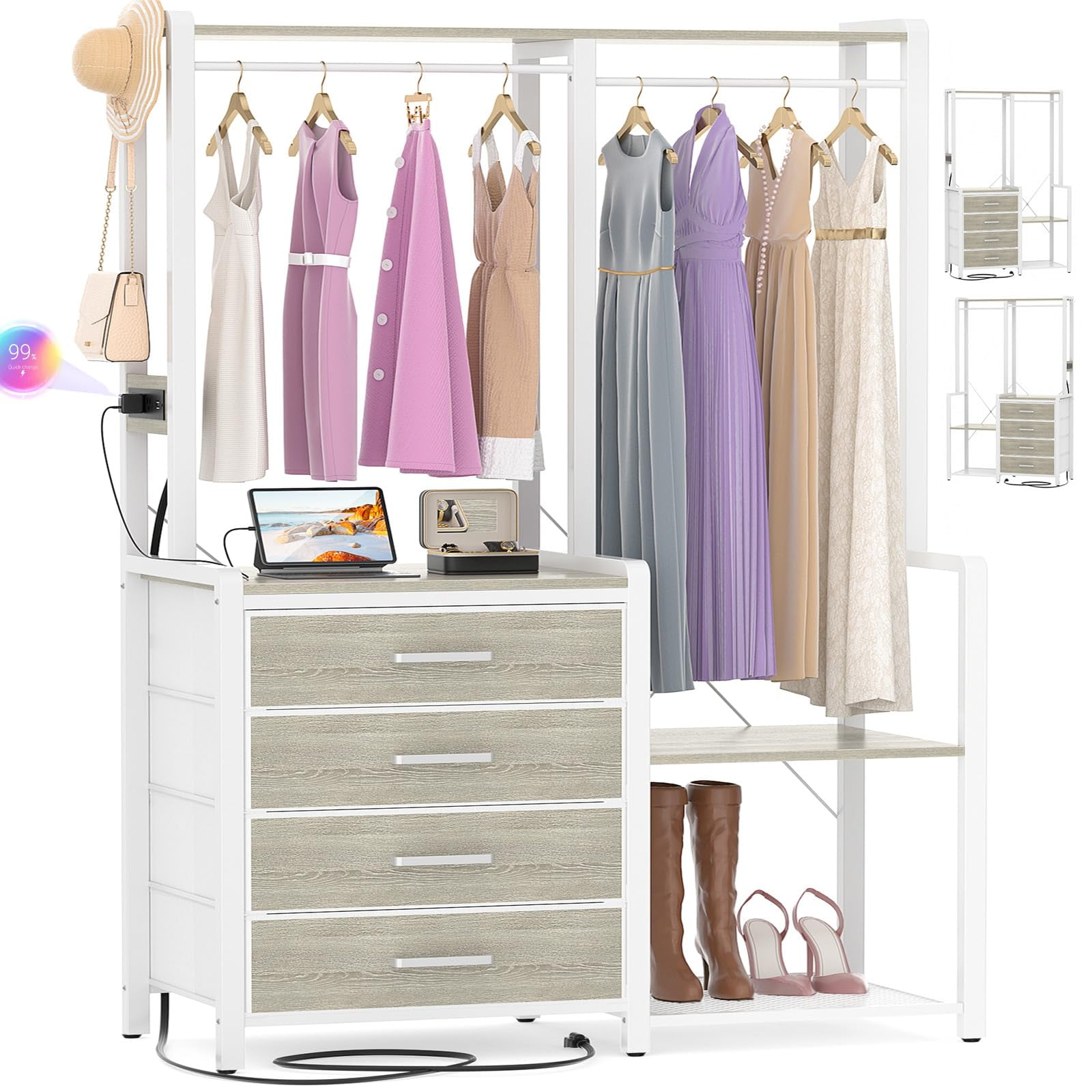Small Clothes Rack with 4 Drawers, Reversible Garment Rack with Storage ...