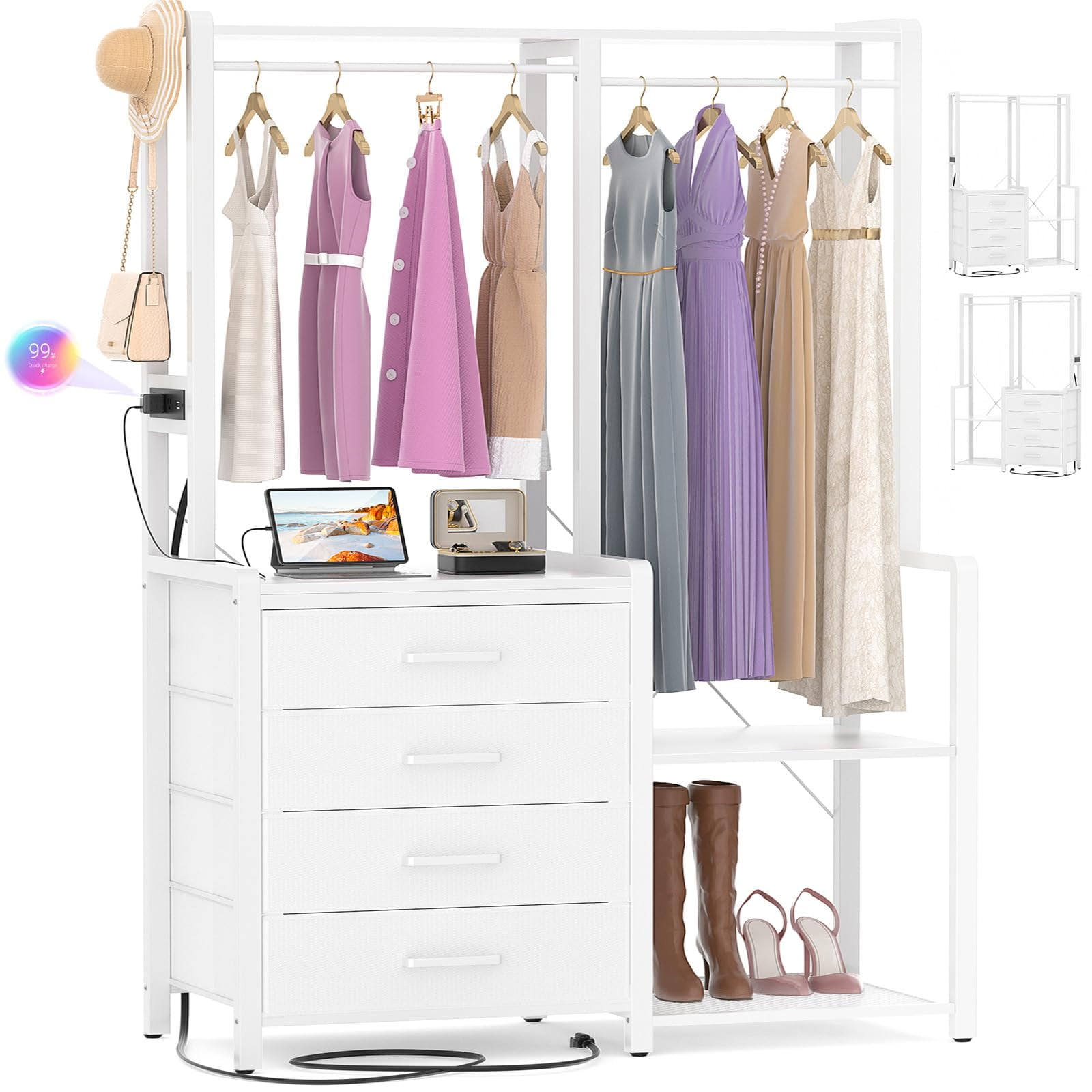 Small Clothes Rack with 4 Drawers, Reversible Garment Rack with Storage ...