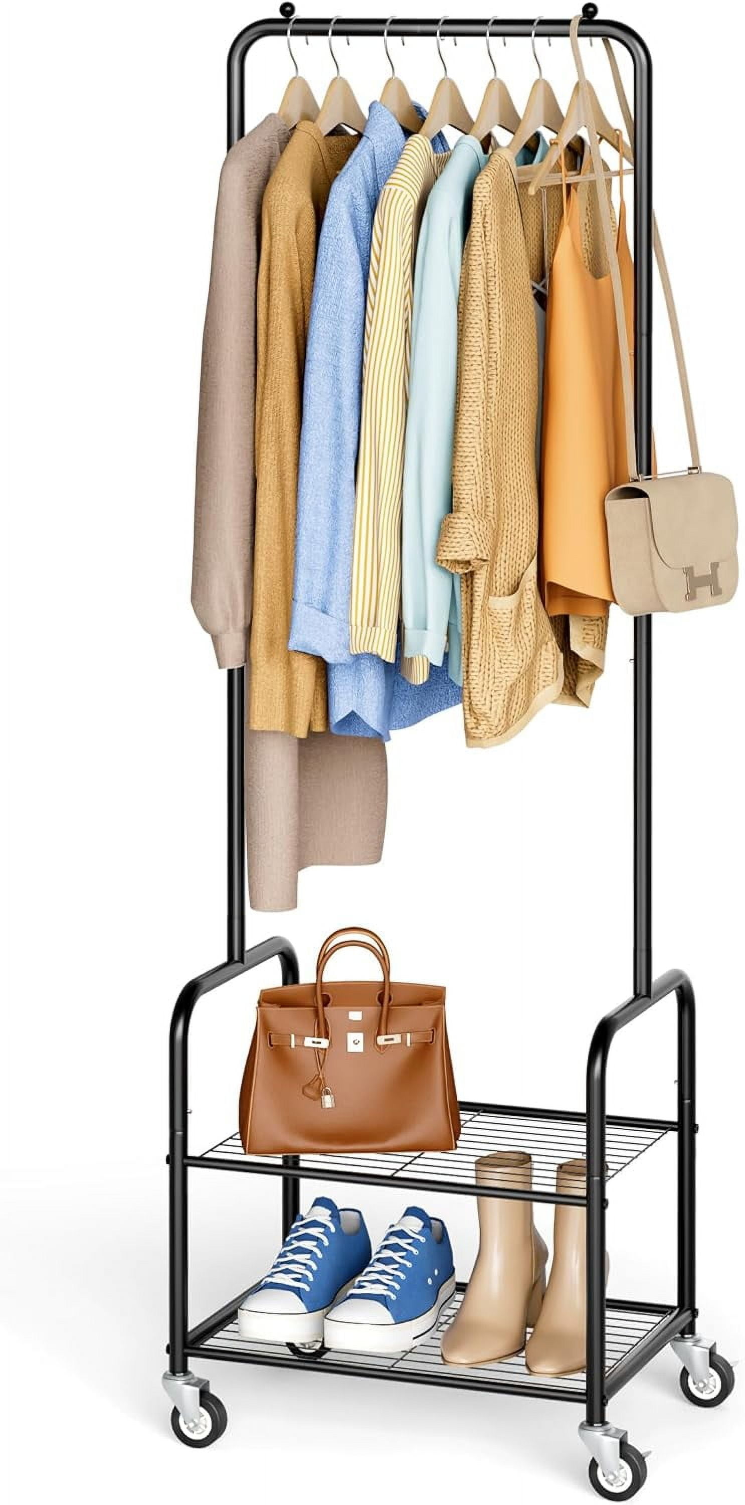 Small Clothes Rack with Shelves, Metal Sturdy Rolling Clothing Racks for Hanging Clothes ...