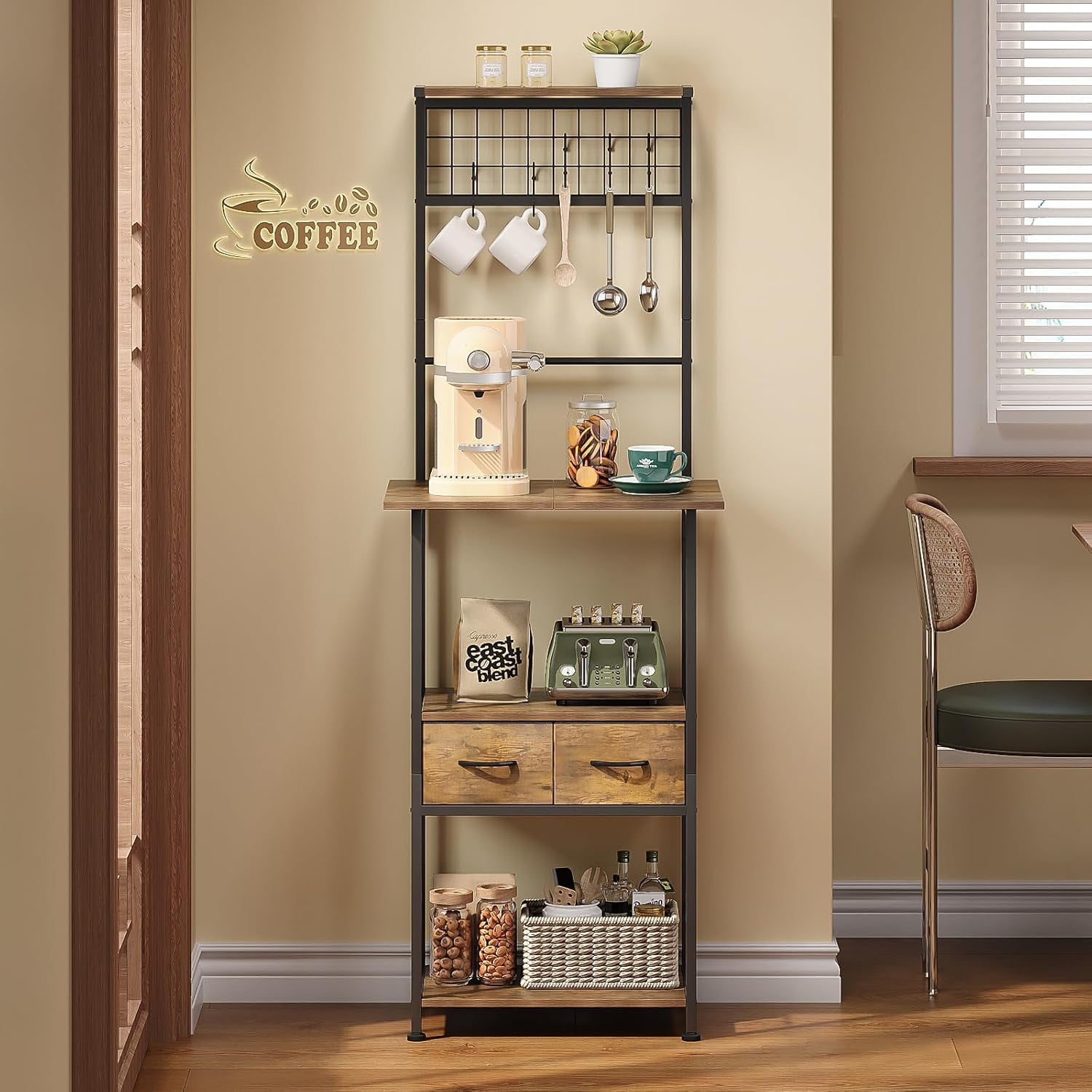 Small Coffee Bar Station Narrow Corner Baker Rack Stand with 2 Storage ...