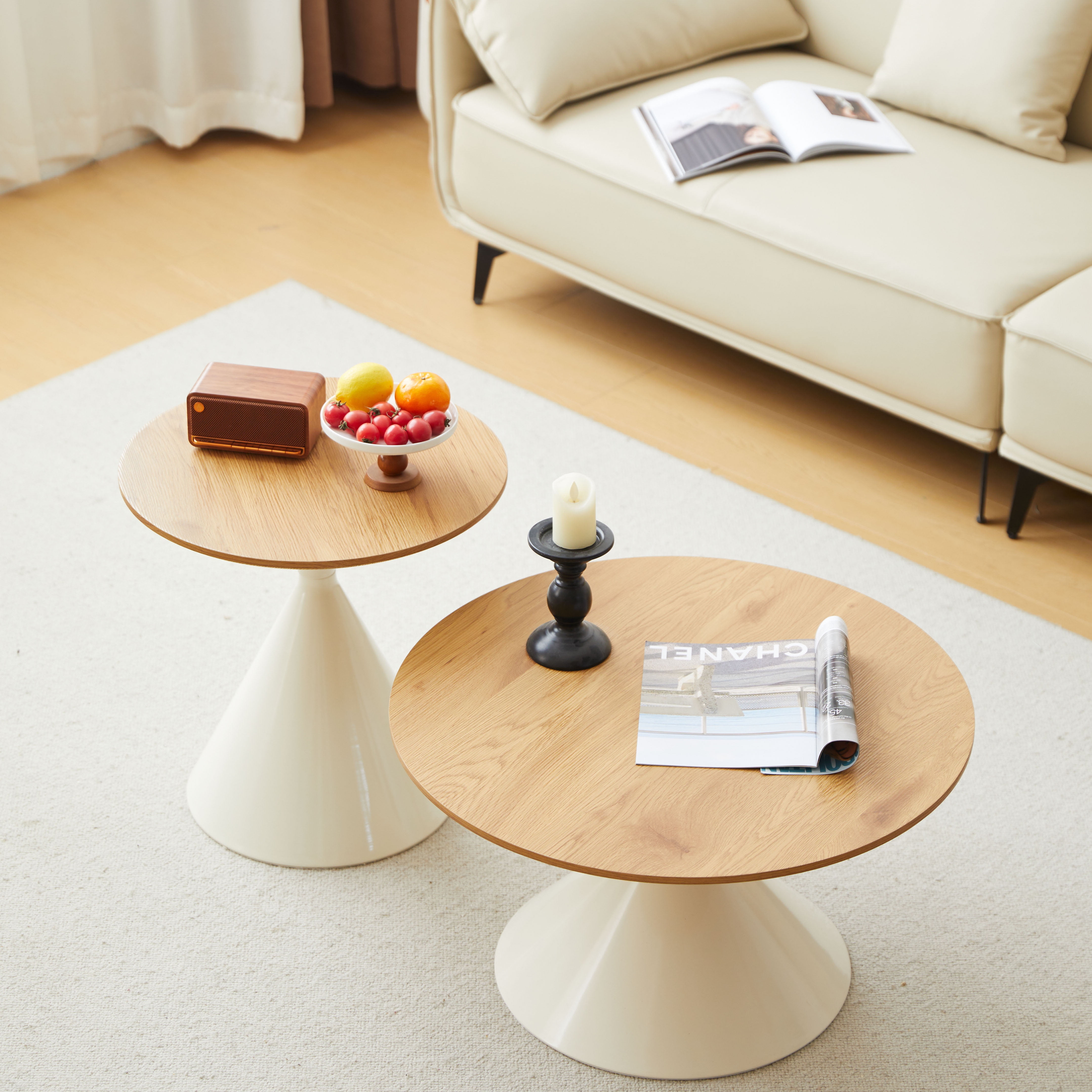 Small Coffee Table Nesting End Table Set of 2, Round Coffee Table Wood ...