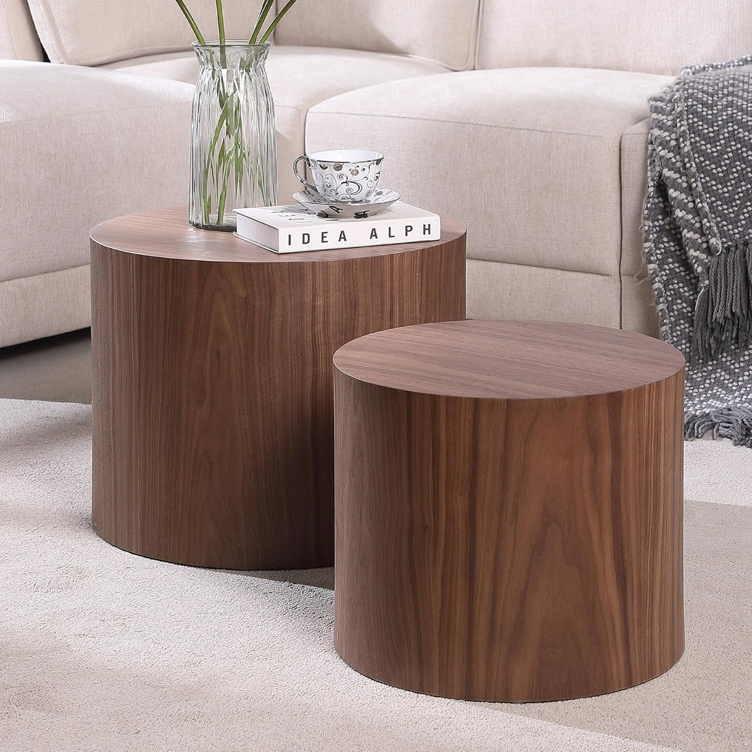 Small Coffee Table Nesting End Table Set of 2, Round Coffee Table Wood ...
