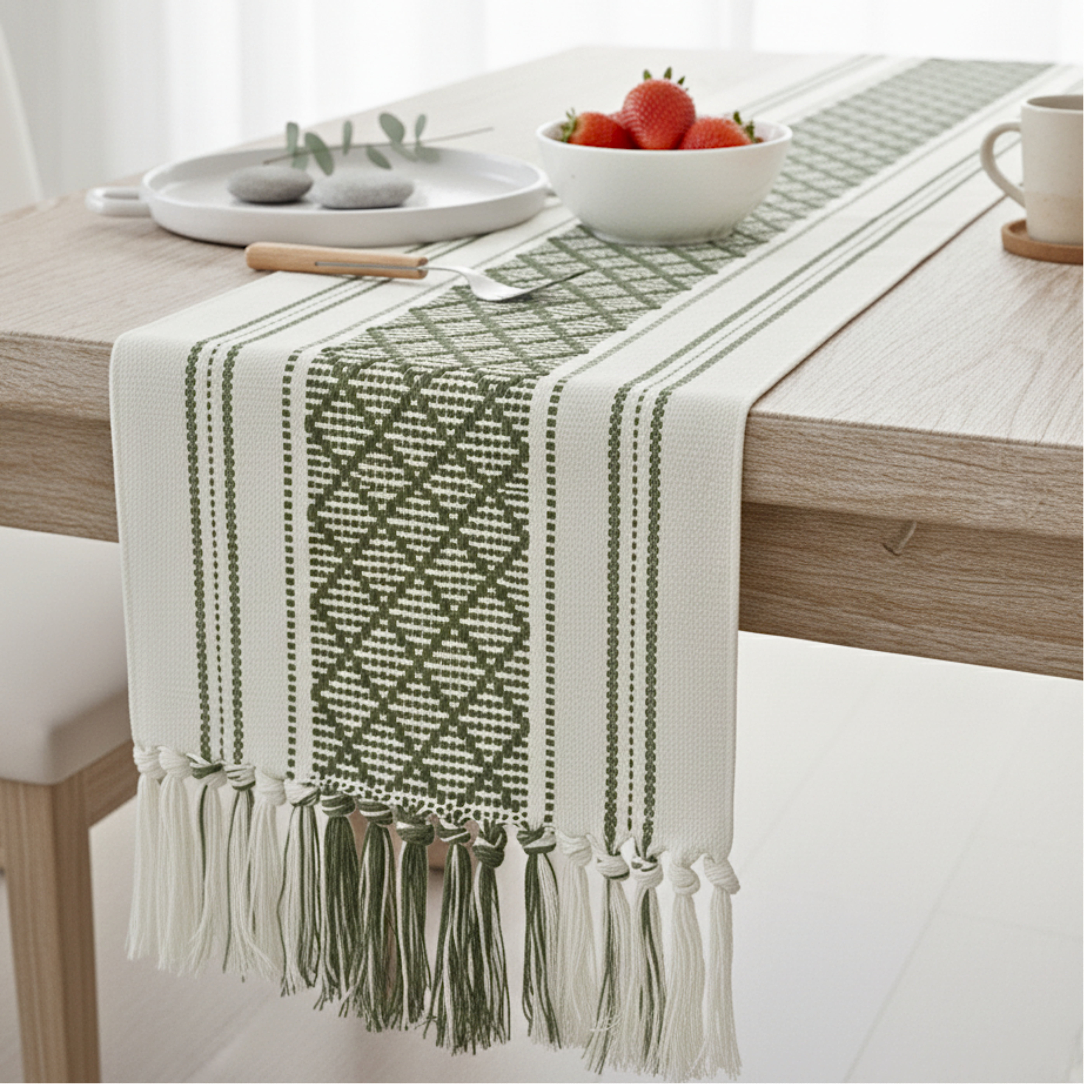 Small Coffee Table Runner with Tassels 14x48 Inches, Olive Green & Off ...