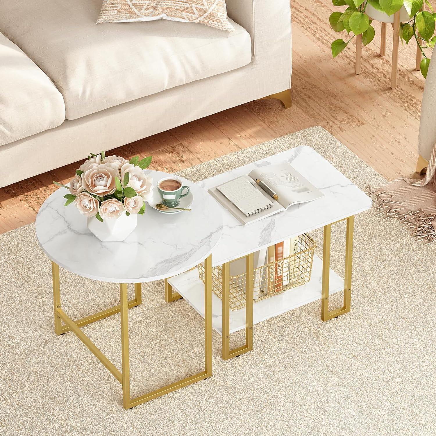Small Coffee Table Set, Nesting Coffee End Tables Set of 2, Modern Faux ...