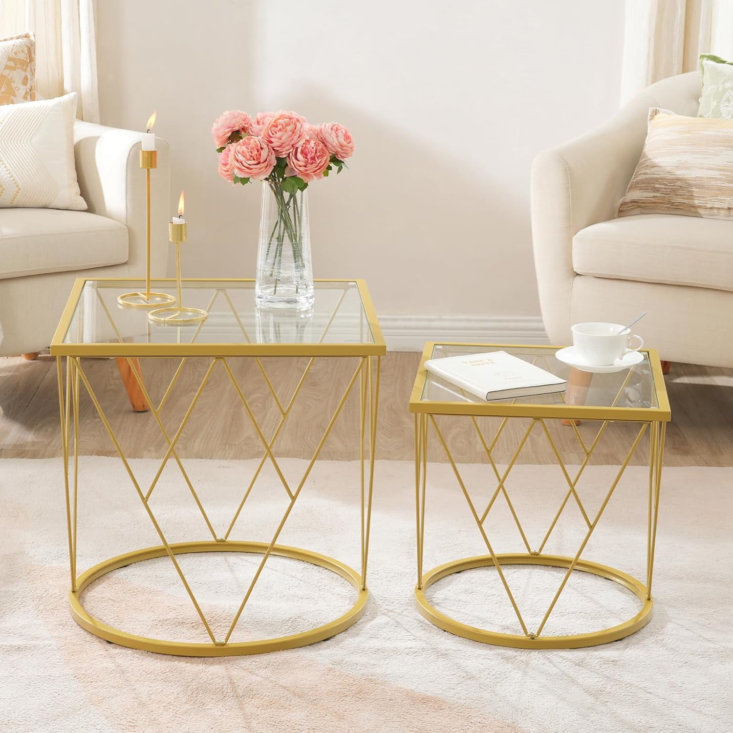 Small Coffee Table Set of 2, Gold End Tables with Tempered Glass Top ...