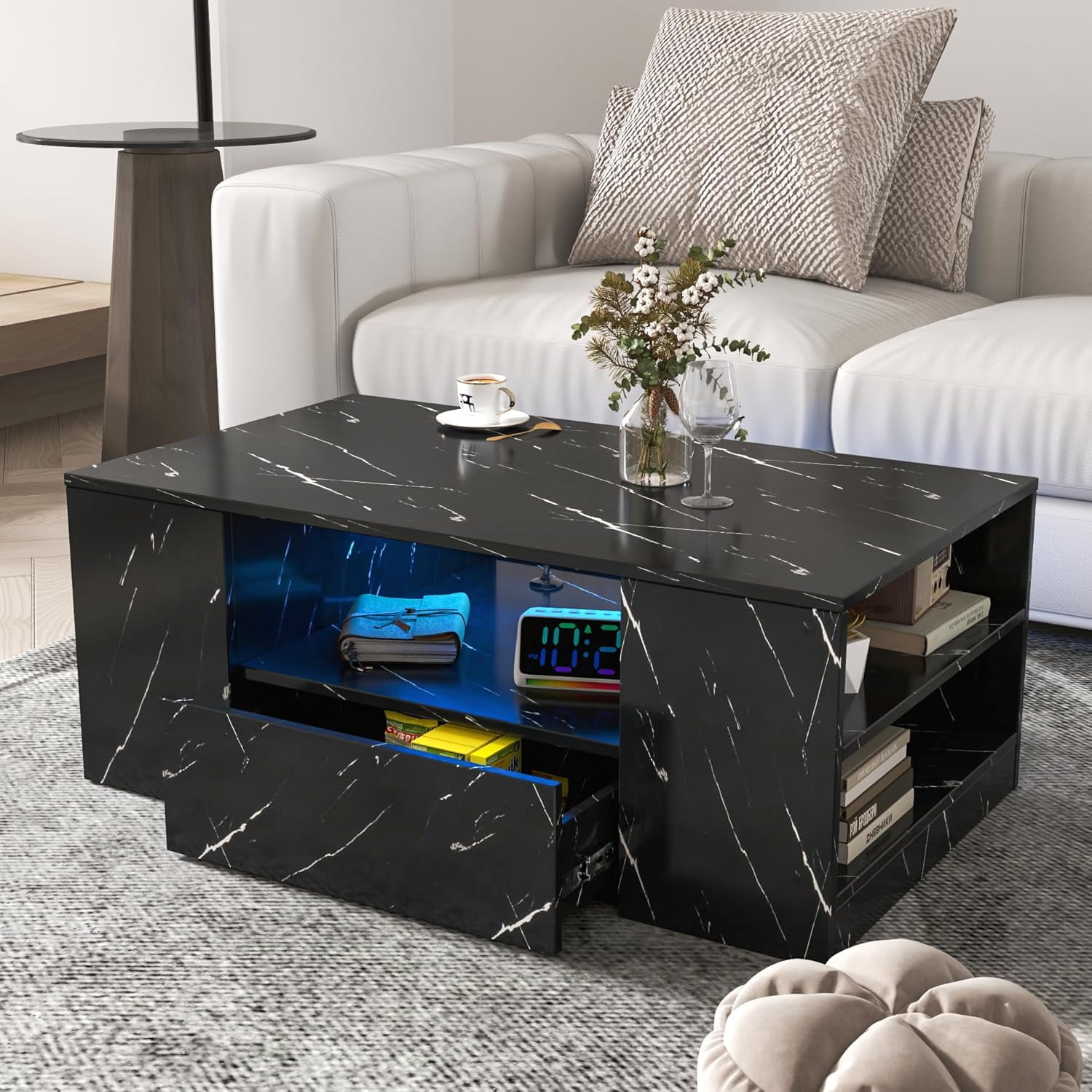 Small Coffee Tables for Living Room,LED Square Coffee Table with 2 ...