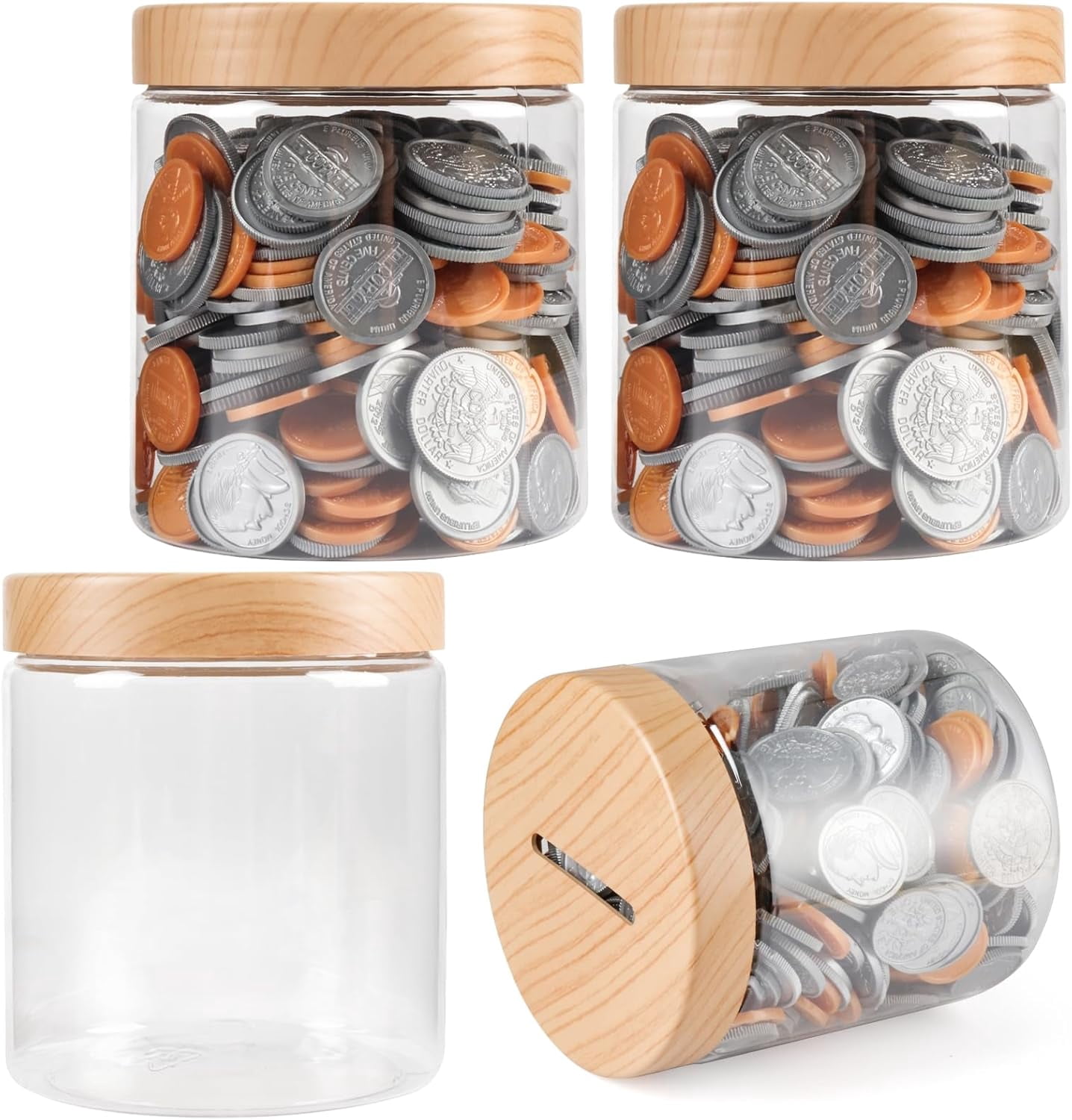 Small Coin Bank Jars 4-Pack, 16oz Clear Plastic Coin Money Tip Coin ...