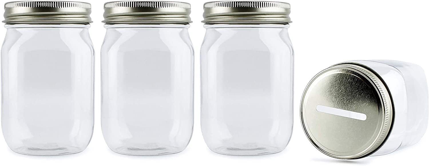 Small Coin Bank Jars (4-Pack, Clear); 16oz Clear Plastic Mason Jar Coin ...