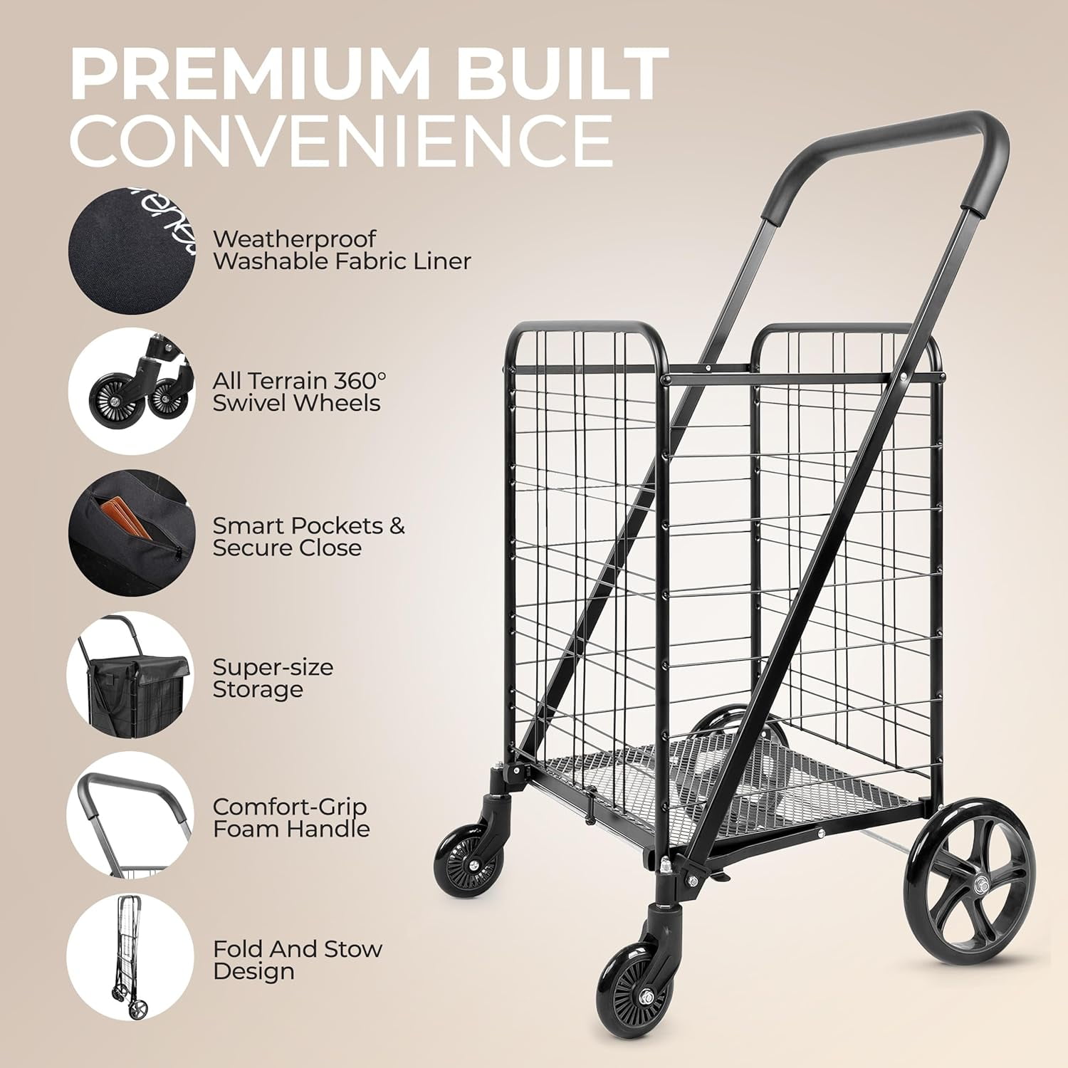 Small Compact Folding Shopping Cart with Removable Waterproof Liner ...
