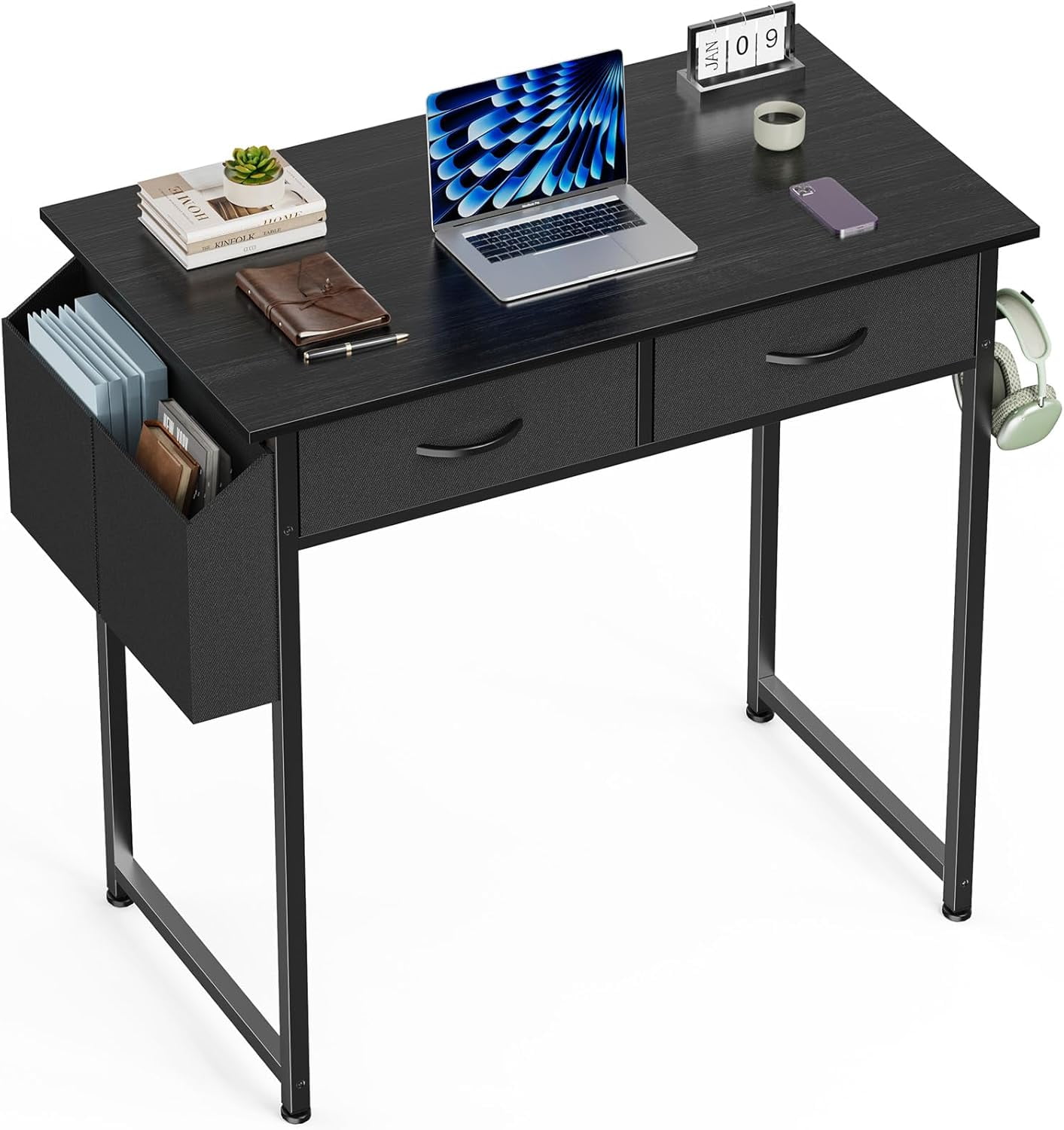 Small Computer Desk 32 Inch with 2 Fabric Storage Drawer Space Side ...
