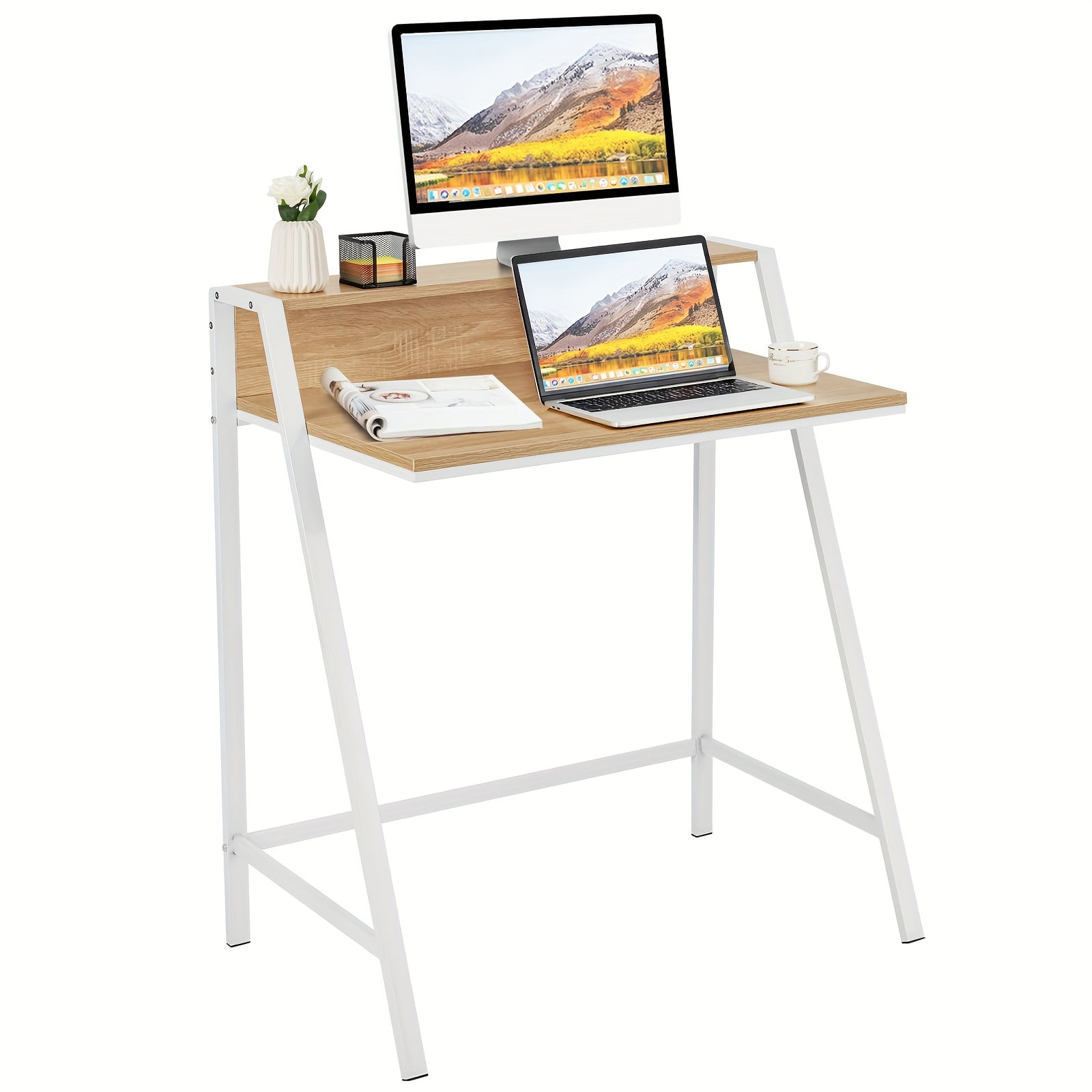 Small Computer Desk, Compact Home Office Desk with Sturdy Frame, 2 Tier ...