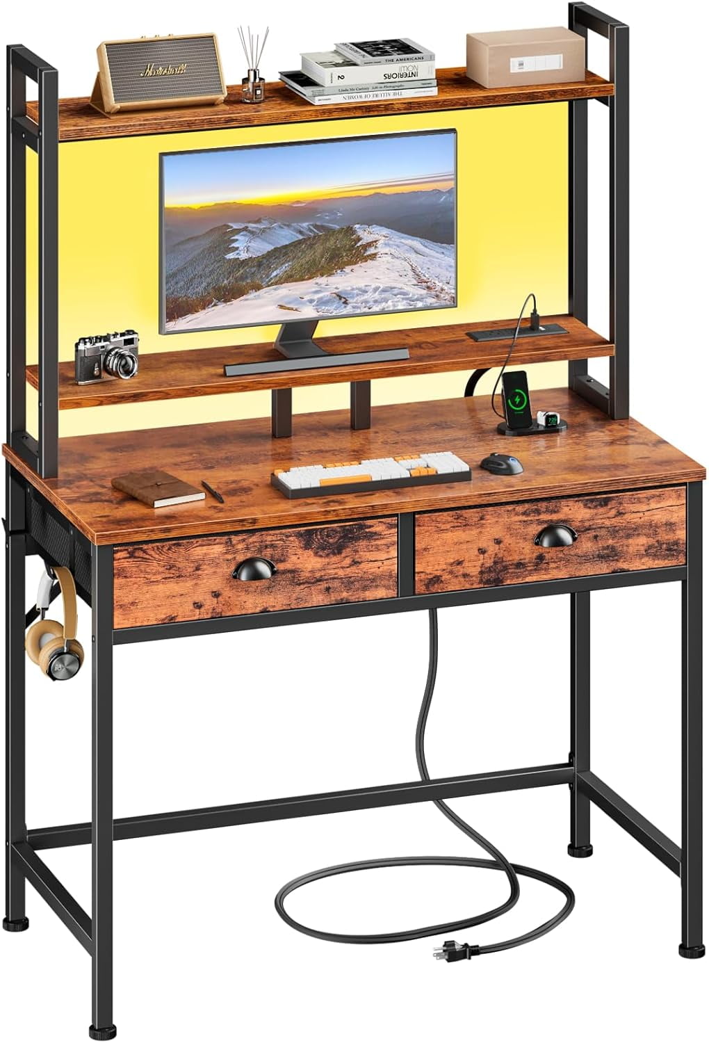 Small Computer Desk with Drawers, 36 Inch Home Office Desks with Power ...