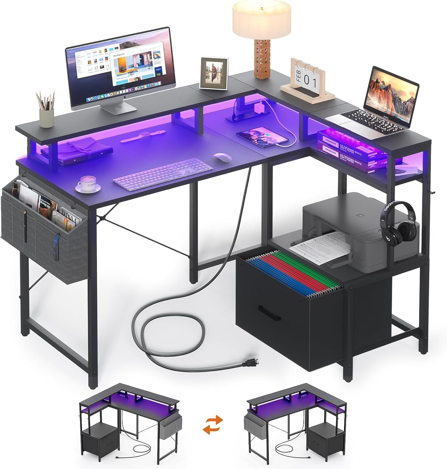 Small Computer Desk with File Drawer Cabinet, L Shaped Office Desk with ...