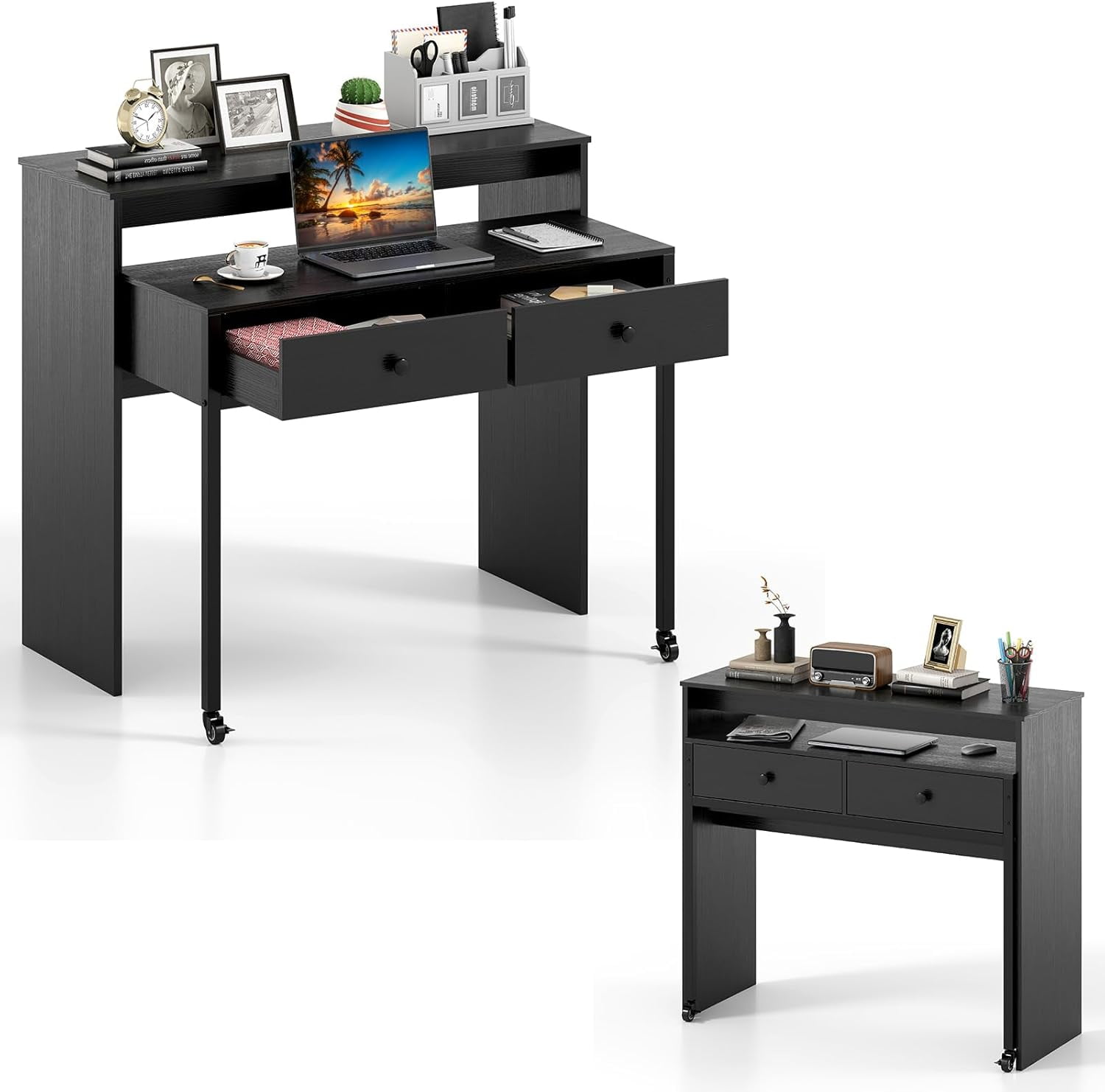 Small Computer Desk with Hutch & Drawers, Extendable Writing Desk w ...