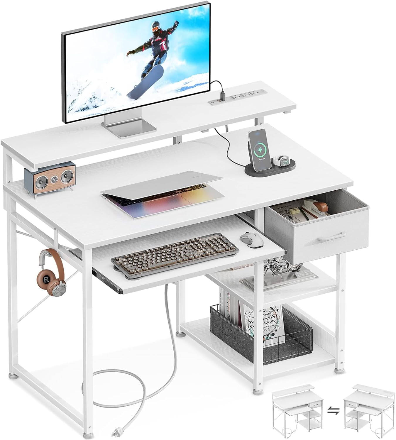 Small Computer Desk with Keyboard Tray 40 Inch Office Desk with Power ...