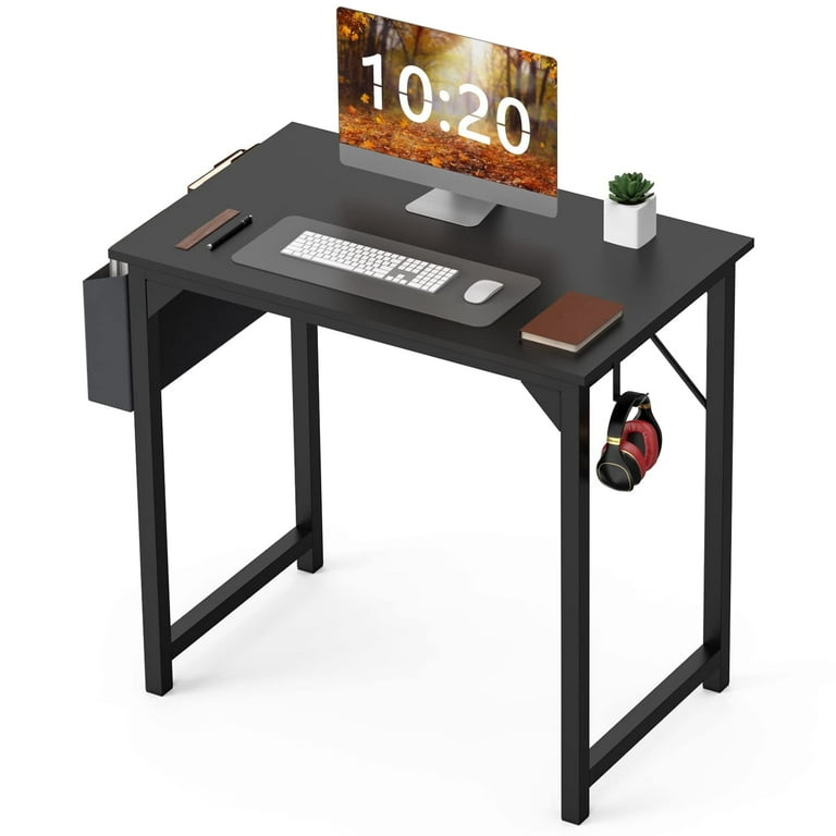 Small Computer Desk 31 Inch Writing Desk with Storage Bag Iron Hook Metal Frame for Home Black