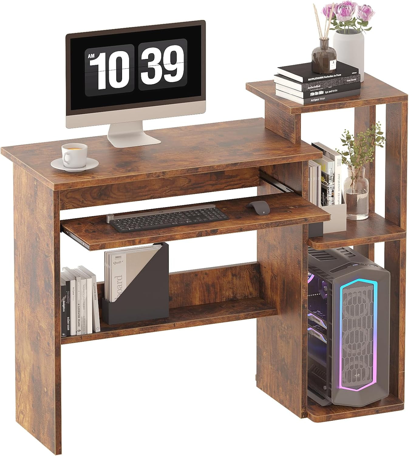 Small Computer Desk, Small Desk with Keyboard Tray and Bookshelf, 26 ...