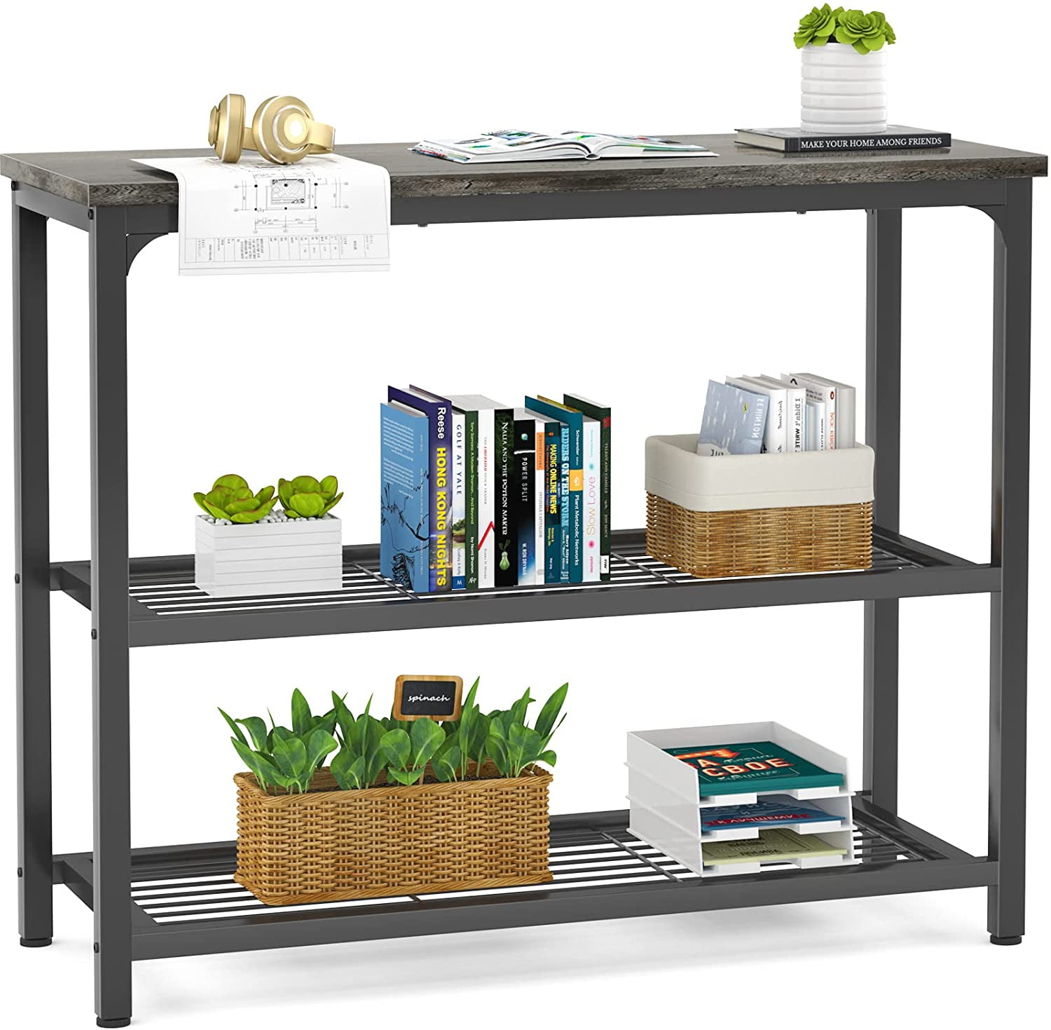Small Console Table, Sofa Table with Double Mesh Shelves, Modern ...
