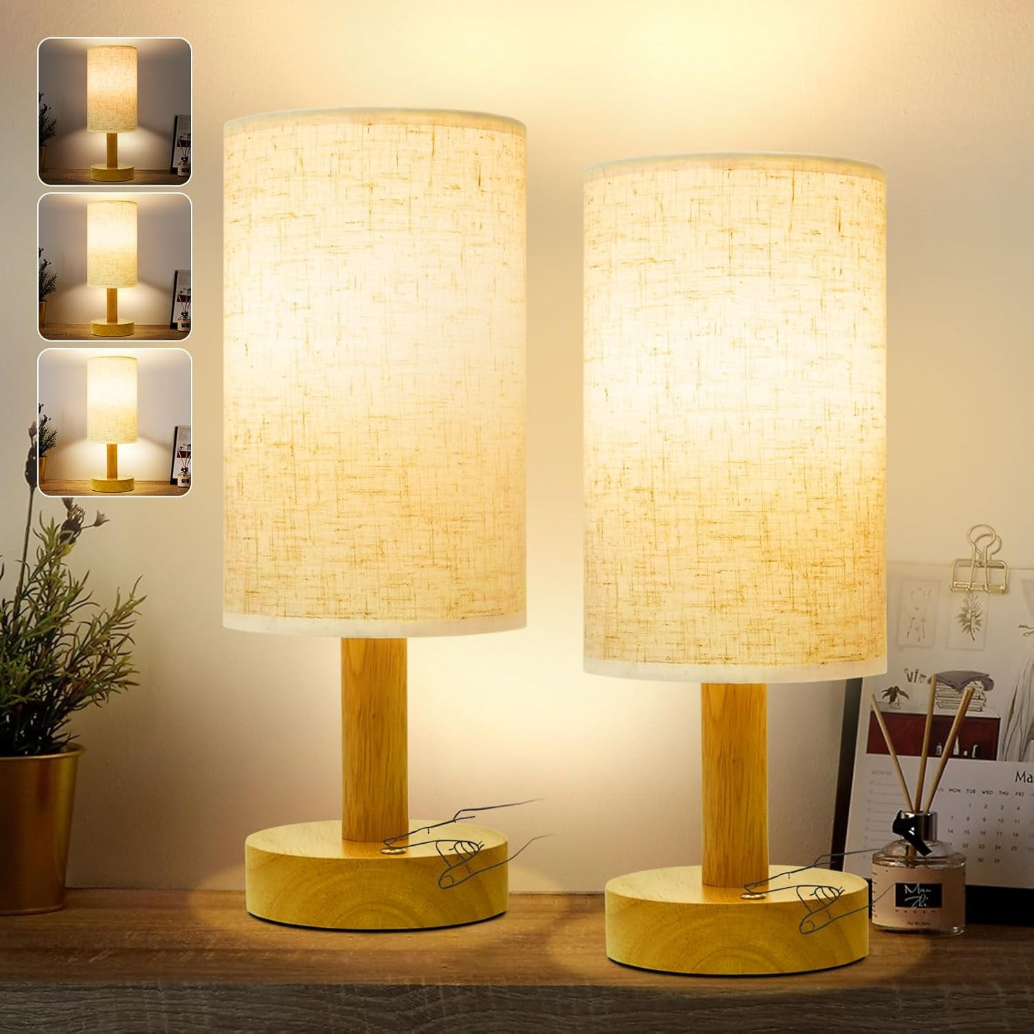 Small Cordless Touch Bedside Table Lamps Set of 2,Minimalist Dimmable ...