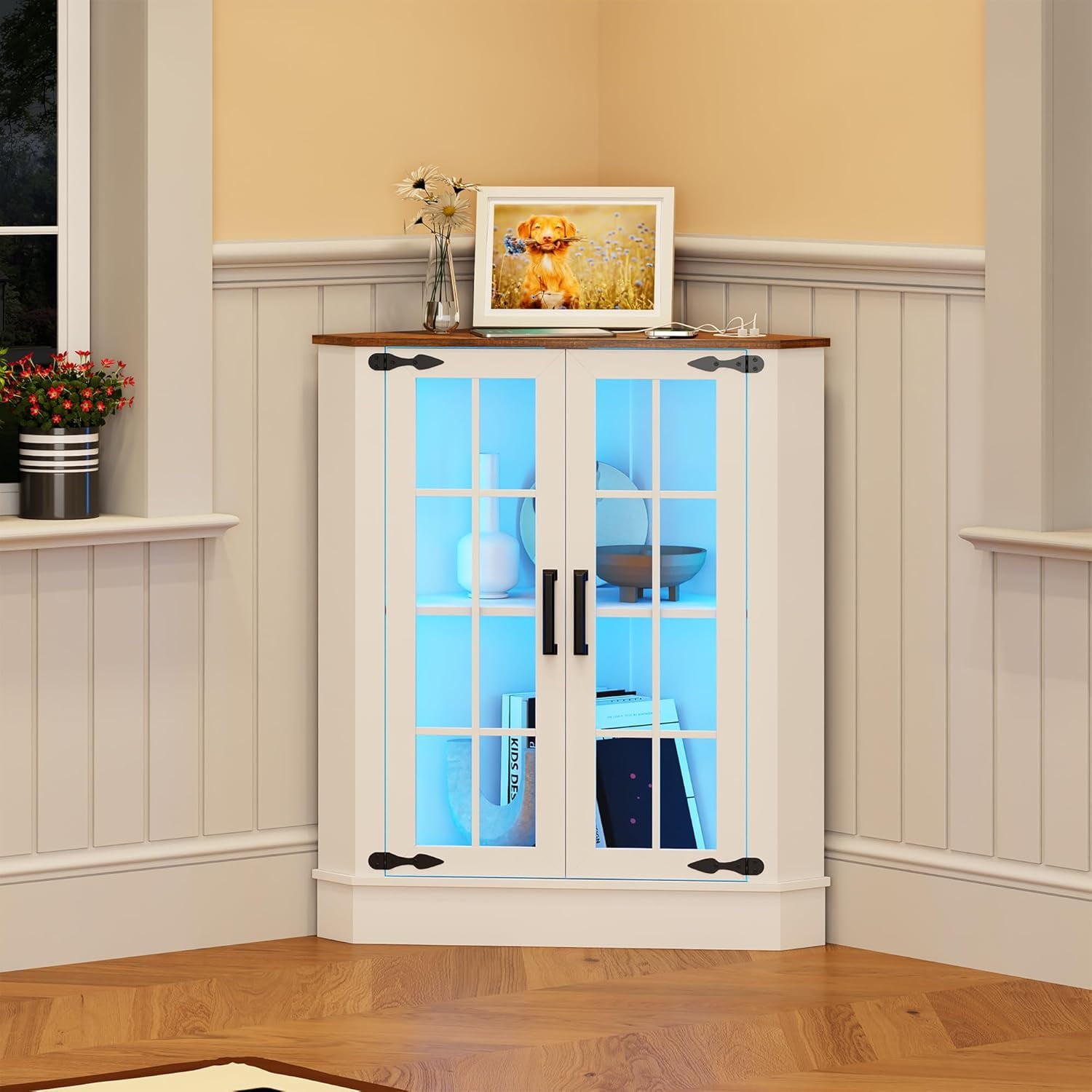 Small Corner Cabinet with LED Light, Farmhouse Bathroom Cabinet with 2 ...