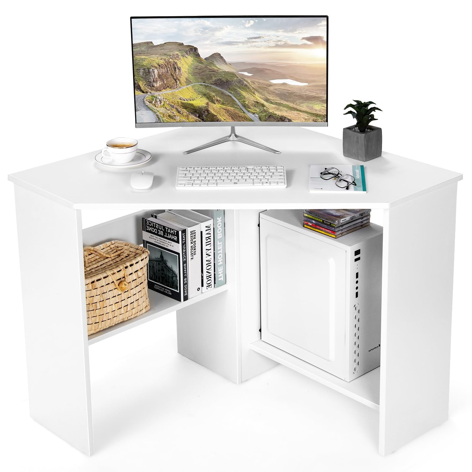 Small Corner Computer Desk, Ergonomic Triangular Design with 2 Shelves ...