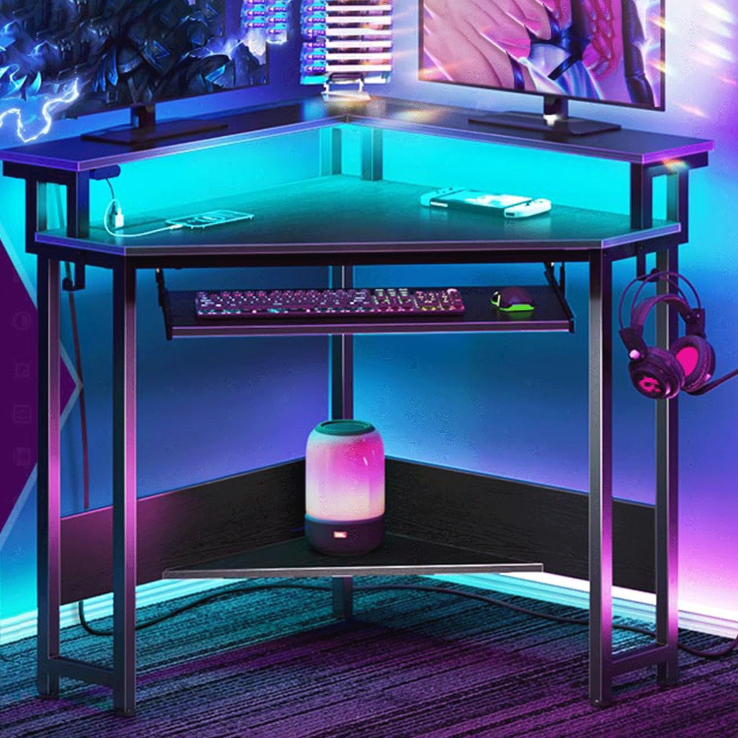 Small Corner Desk with Power Outlet and LED Lights, Triangle Corner ...