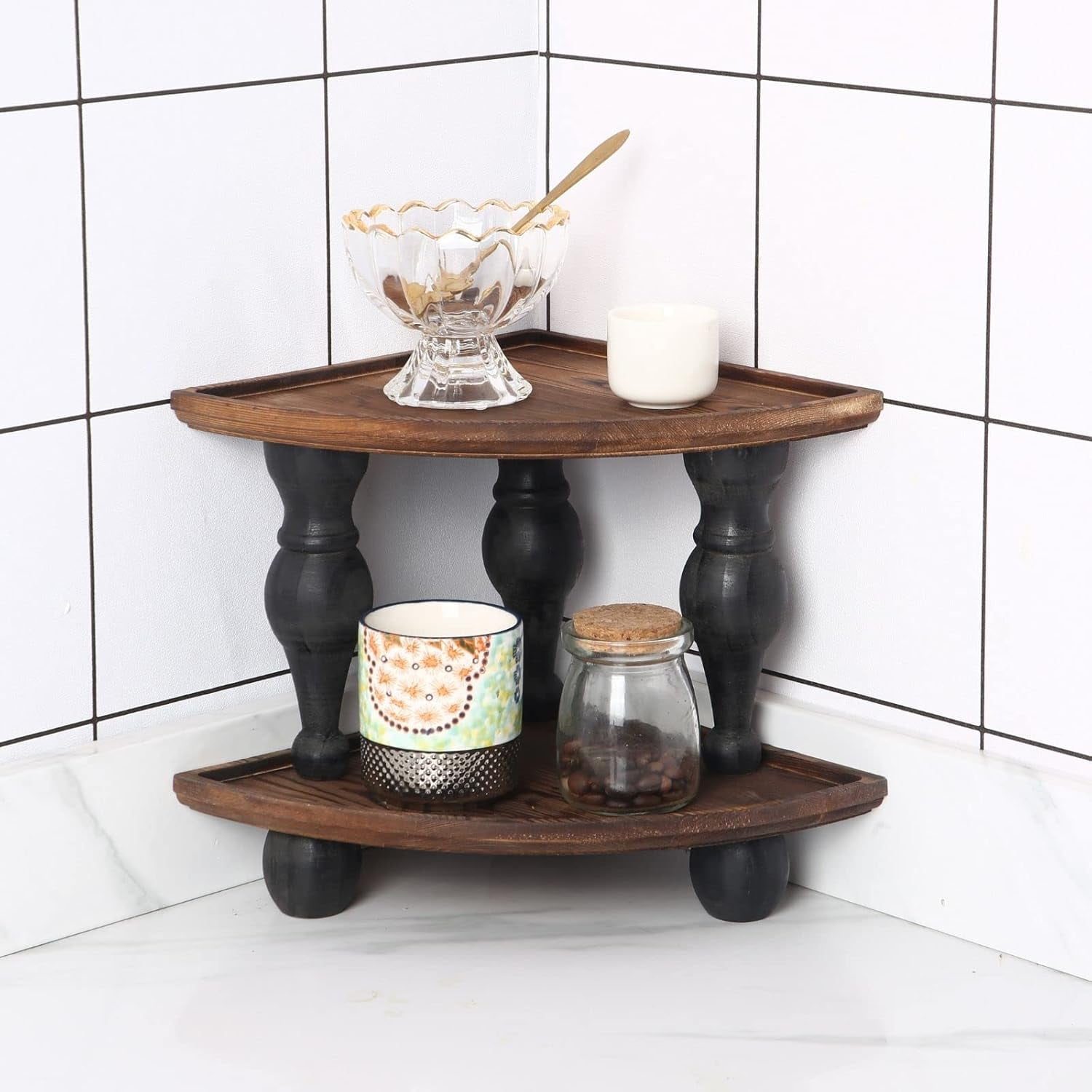 Small Corner Shelf Stand, 2 Tier Wooden Shelving Unit Black Riser ...