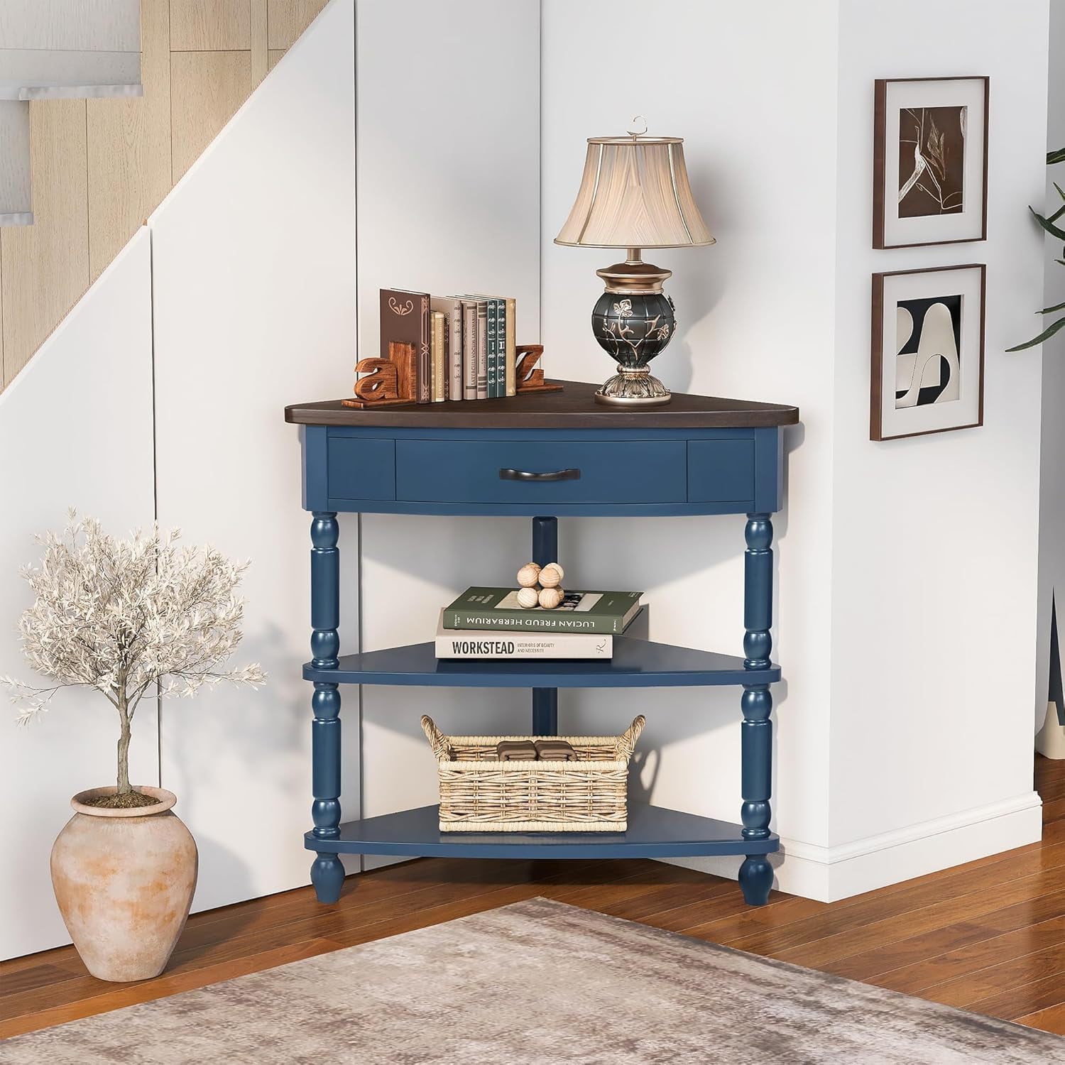 Small Corner Table with Drawer, Wood 3 Tier Triangle Side Table Corner ...