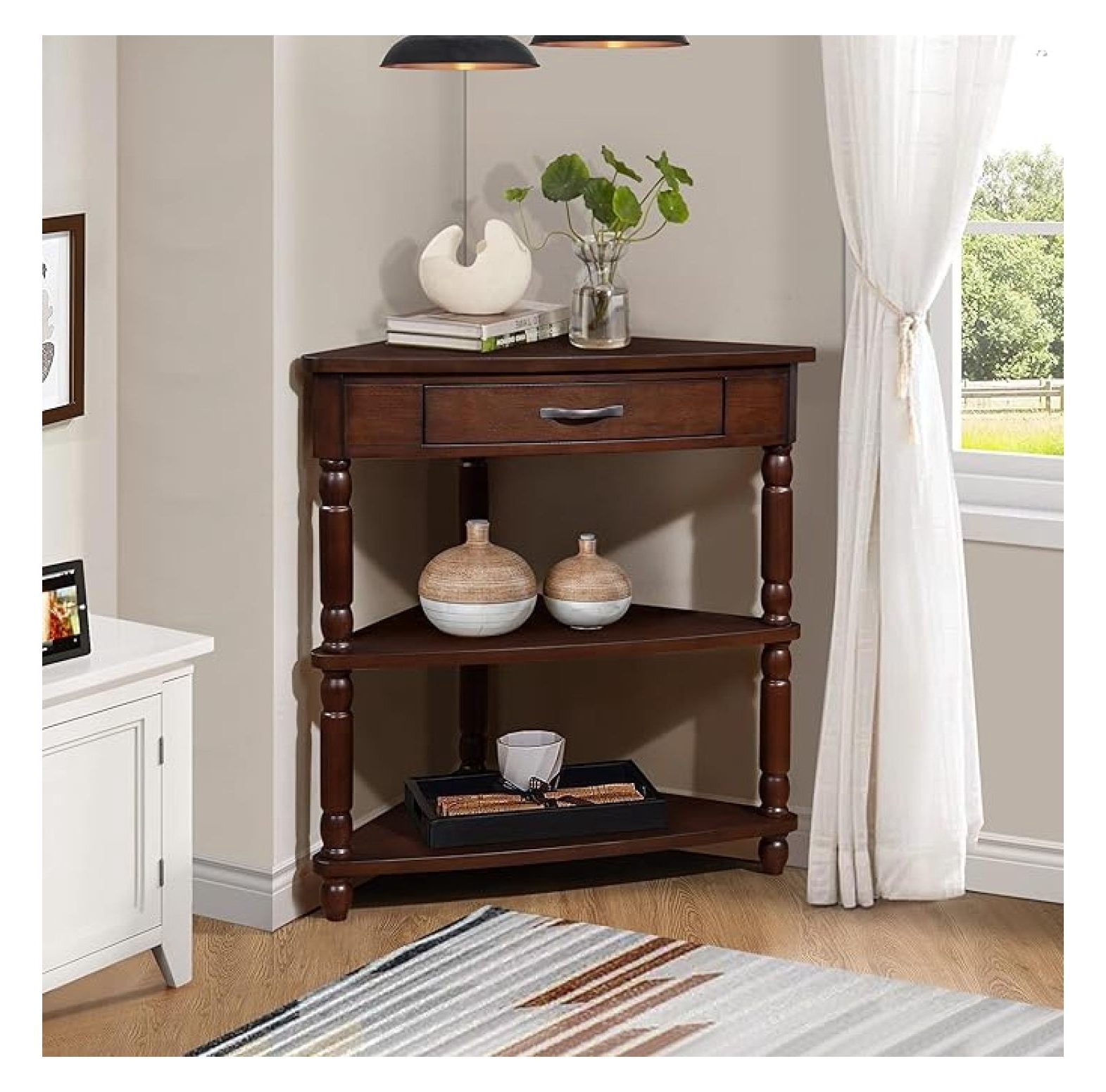 Small Corner Table with Drawer, Wood 3 Tier Triangle Side Table Corner ...
