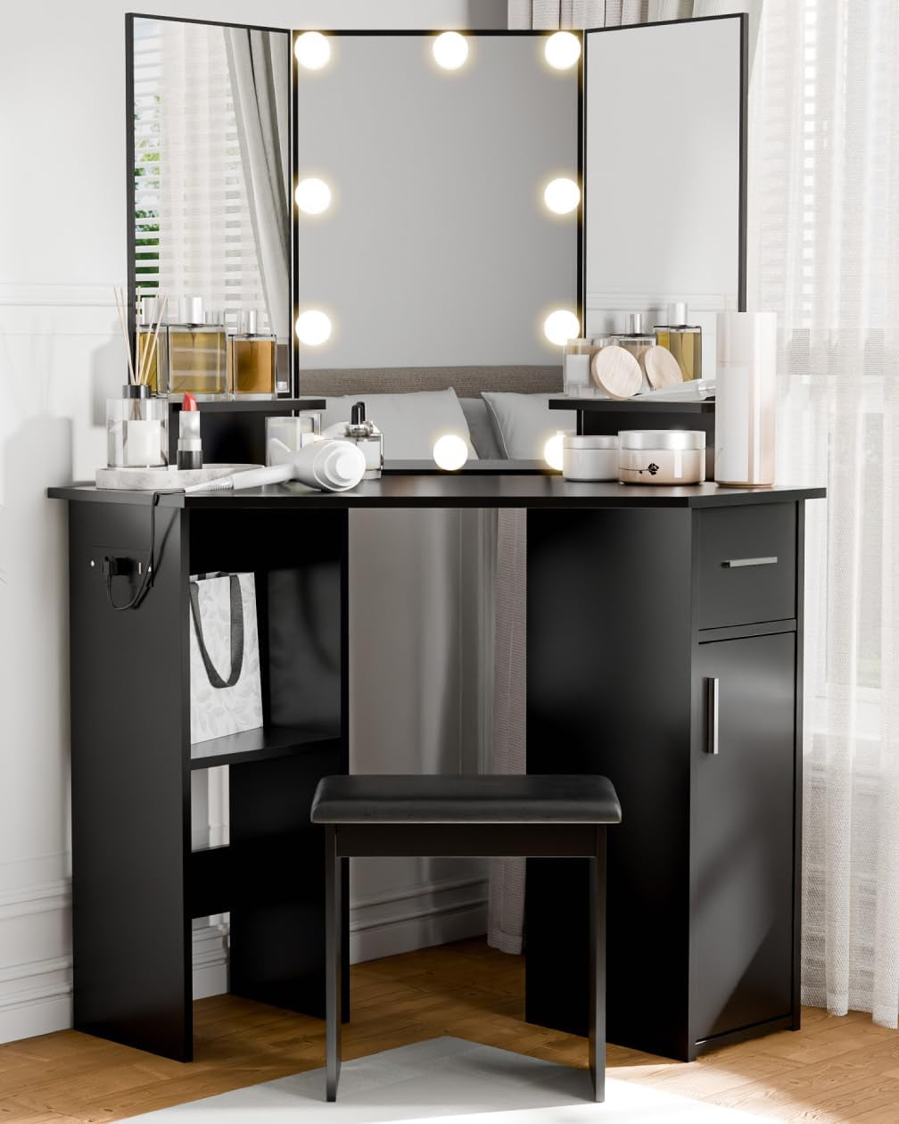 Small Corner Vanity Desk with Mirror and Lights, Bedroom Makeup Vanity ...