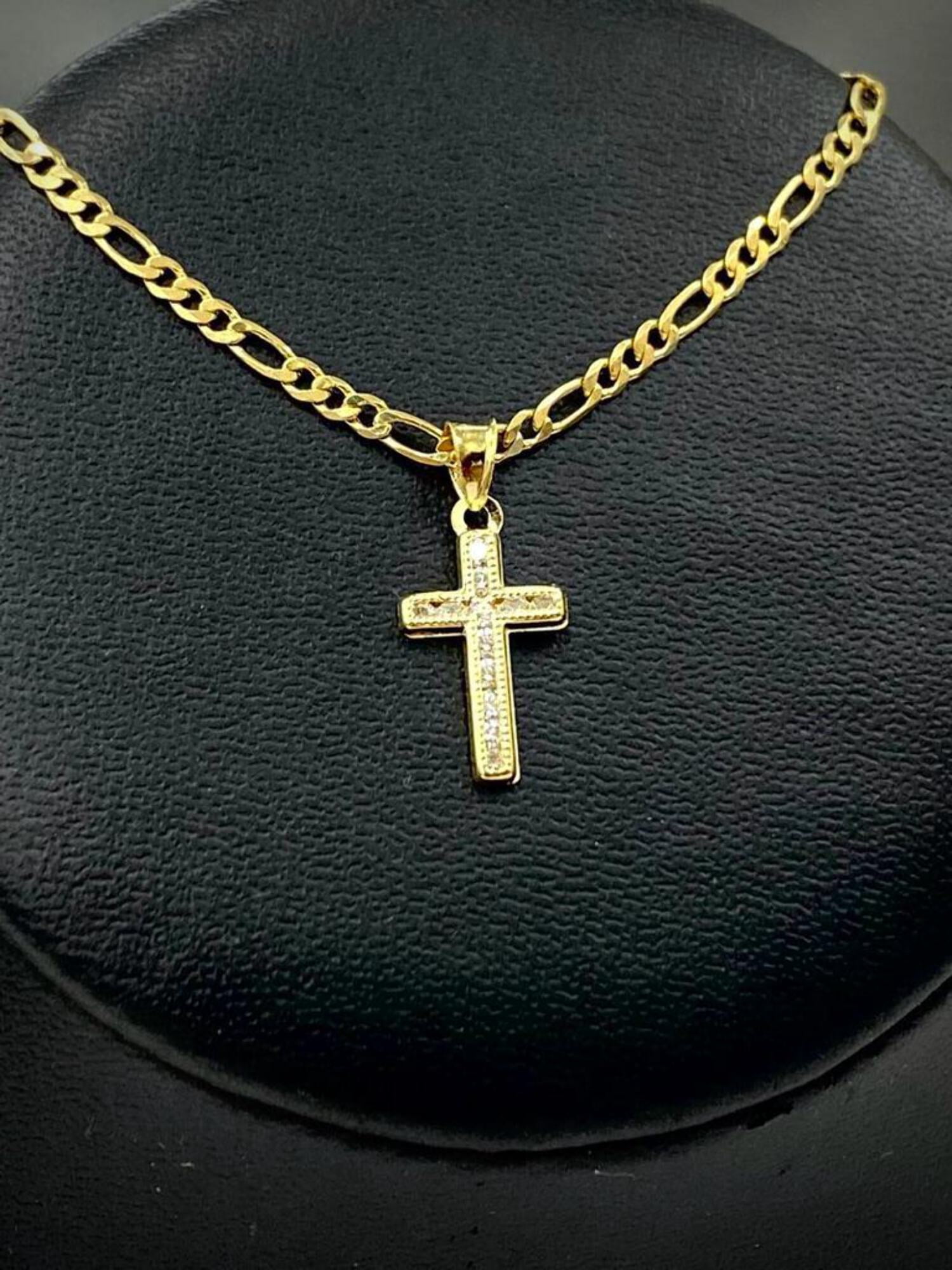 Small Cross Necklace Pendant CZ 14K Gold Filled Newborn Crucifix Figaro ...