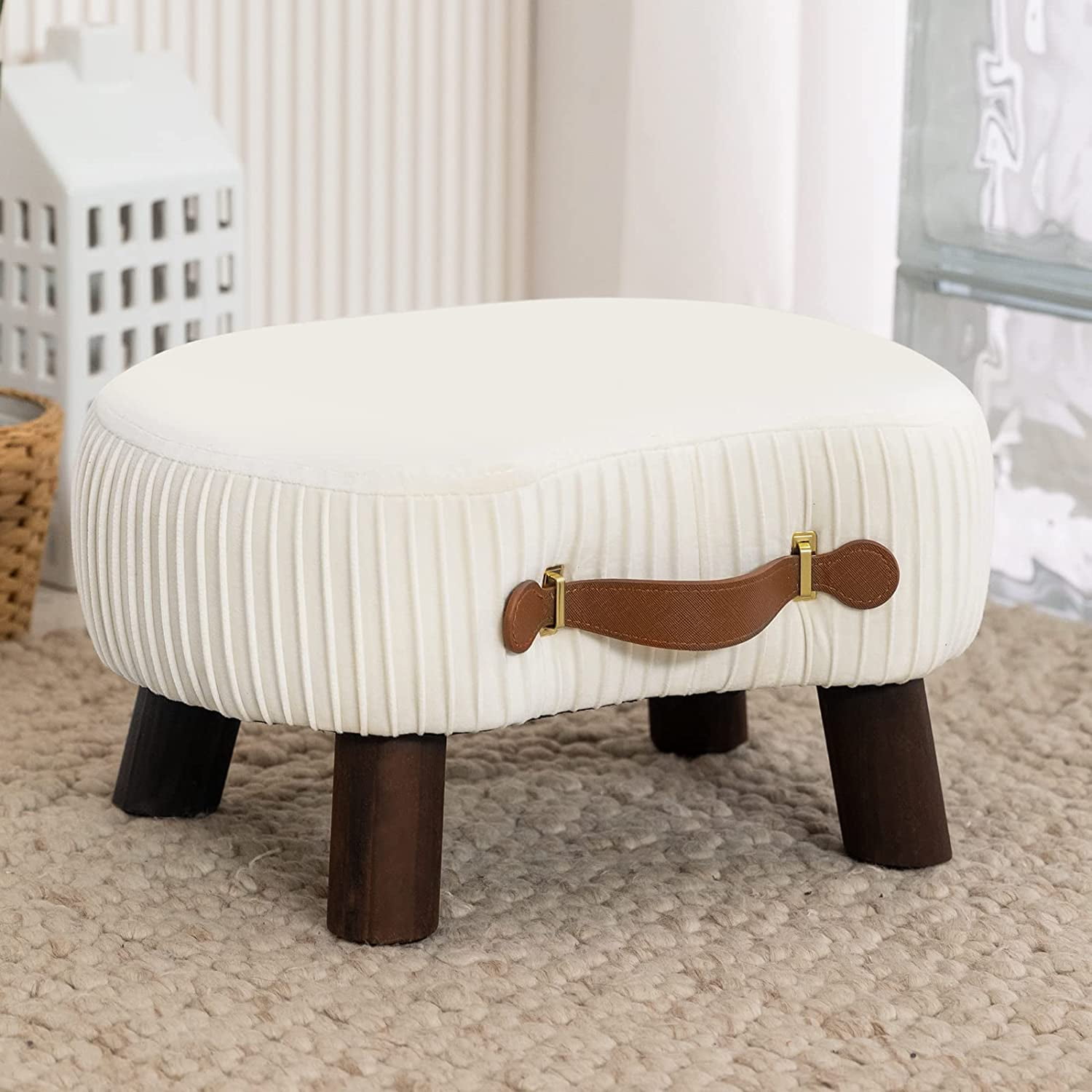 Small Curved Foot Stool with Handle, Beige Velvet Footstool and ...
