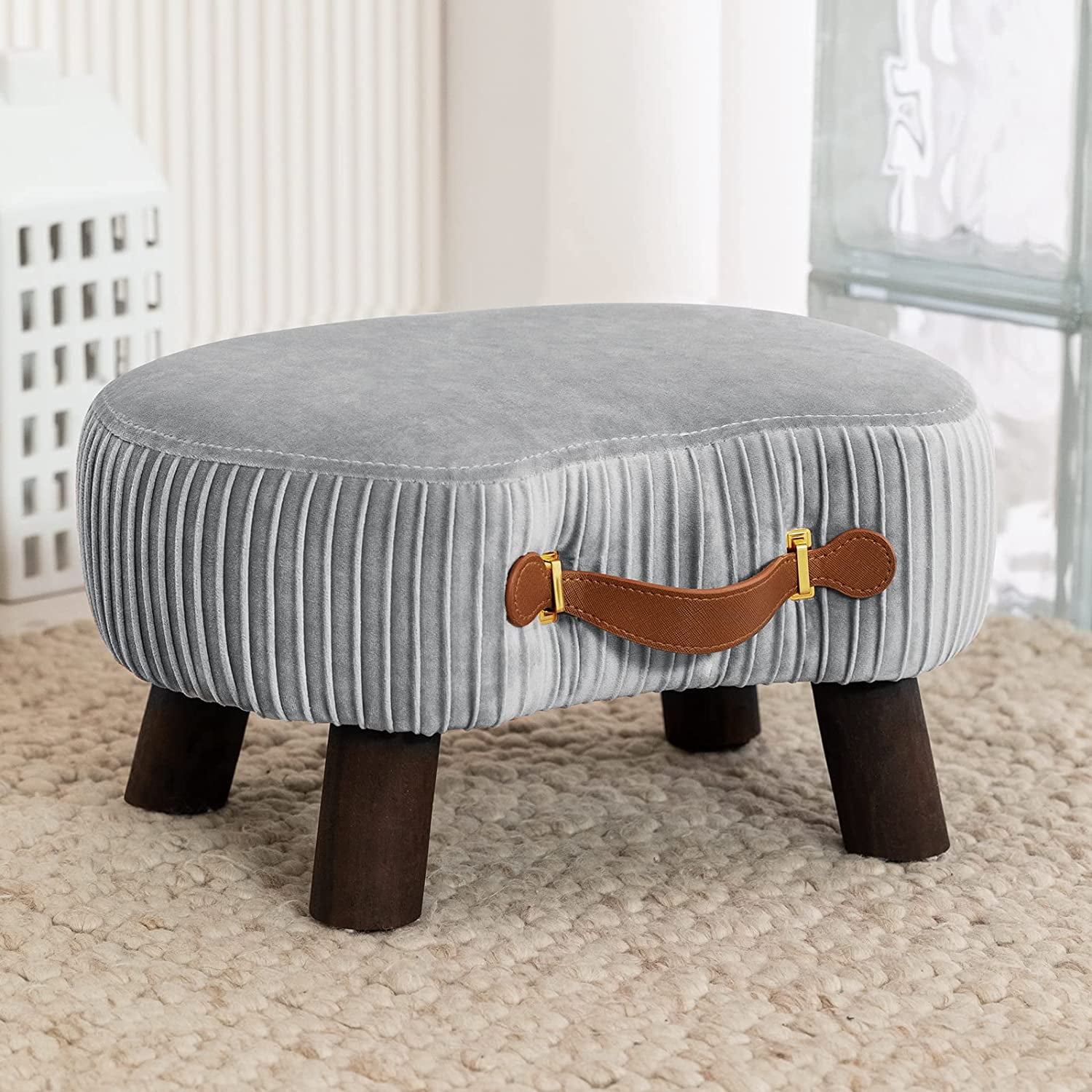 Small Curved Foot Stool with Handle, Gray Velvet Footstool and Ottomans ...