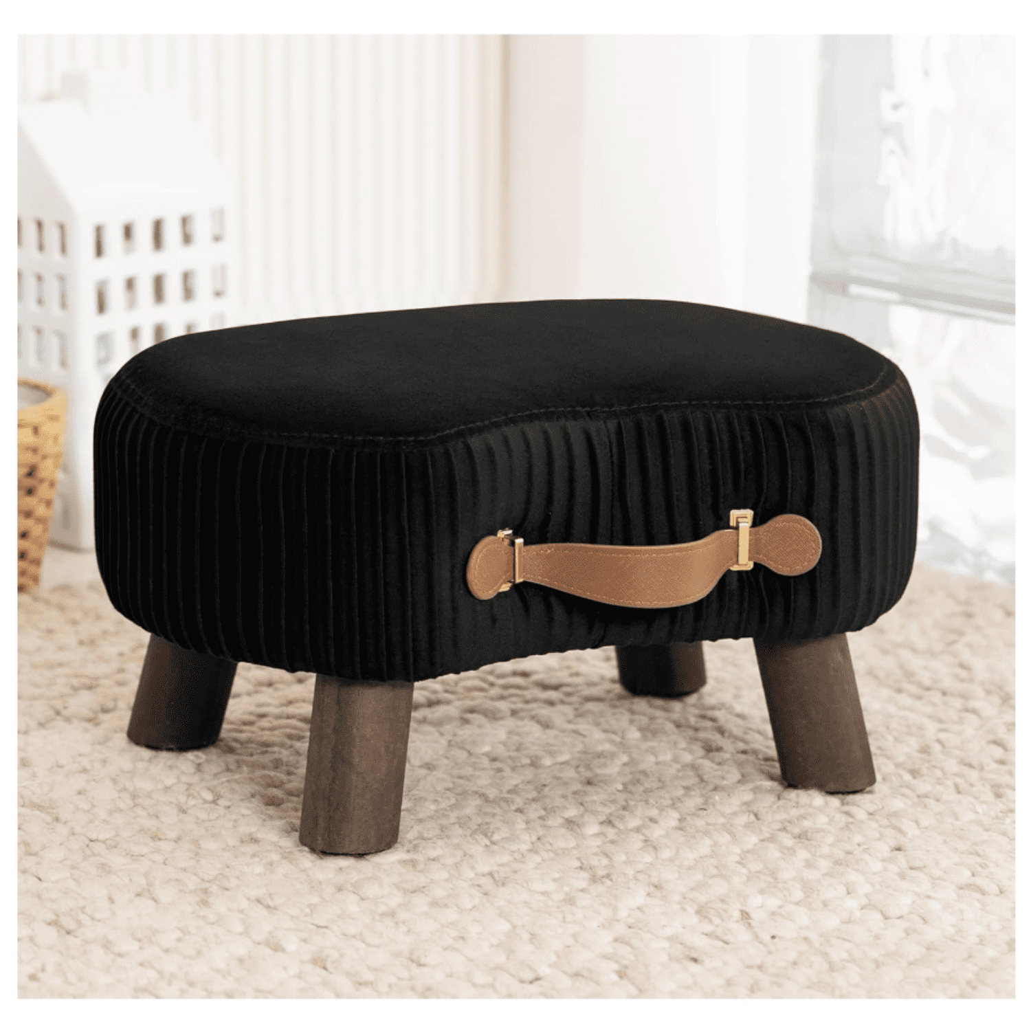 Small Curved with Handle, Black Velvet Footstool , Mod Foot Rest with ...