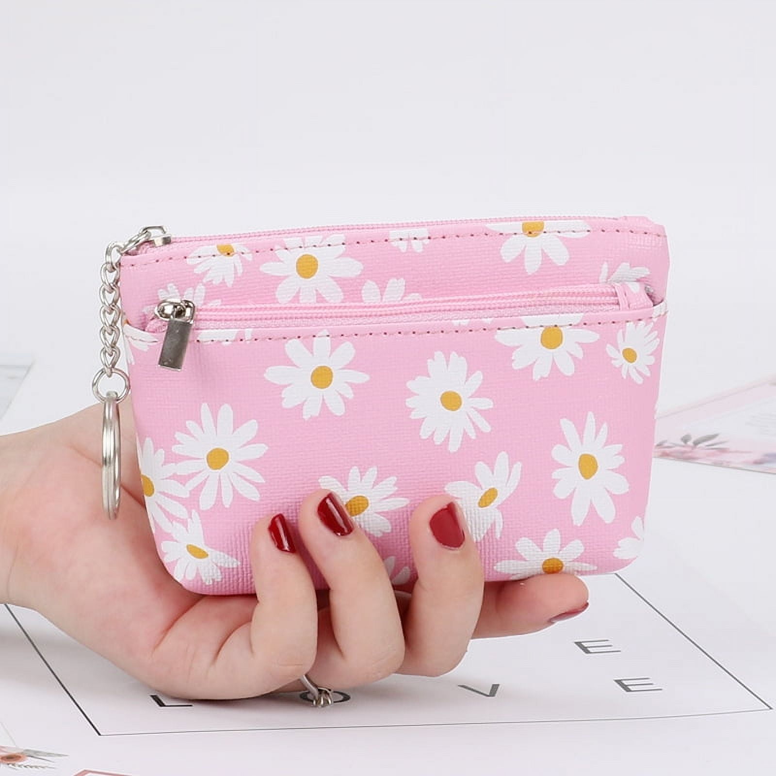 Cute Daisy Printed Zipper Coin Purse with Key Chain, Small Cash Pouch ...