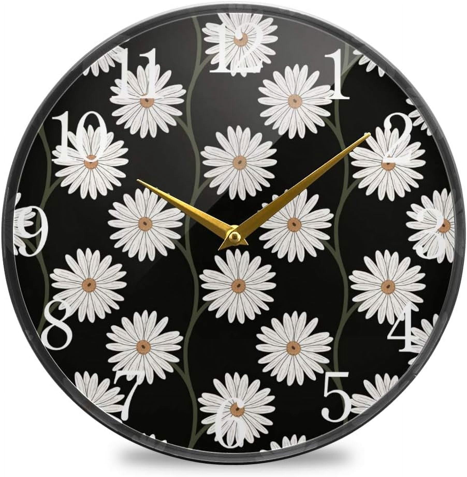Small Daisies Black Pattern Wall Clock Silent Non Ticking 10 Inch Round ...