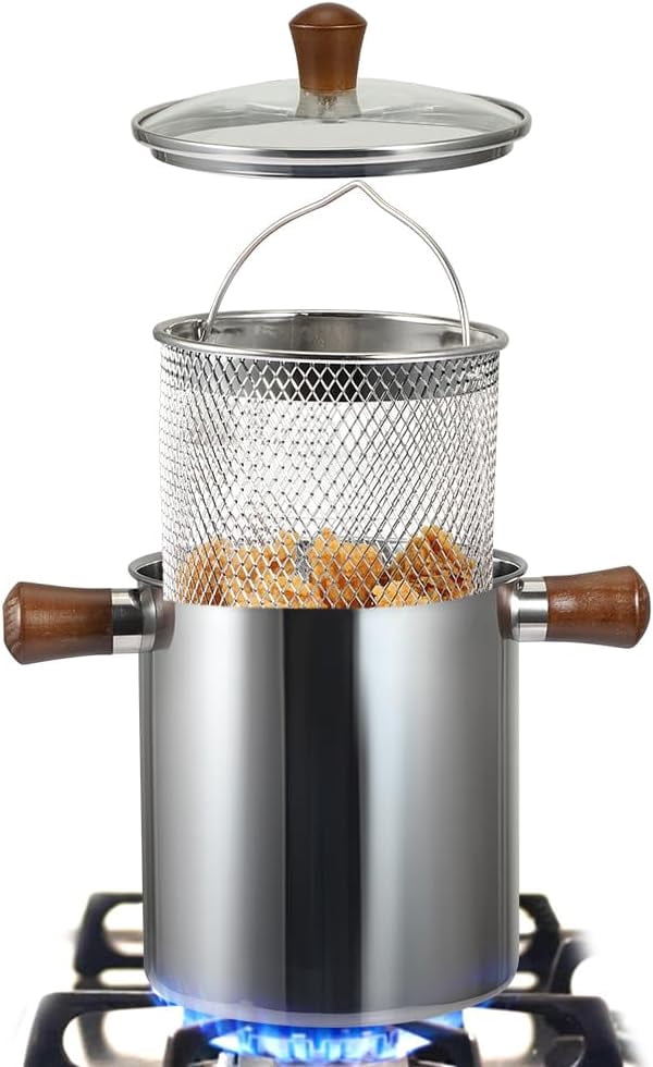 Small Deep Oil Fryer Pot, 68oz 304 Stainless Steel Oil Storage Pot with ...