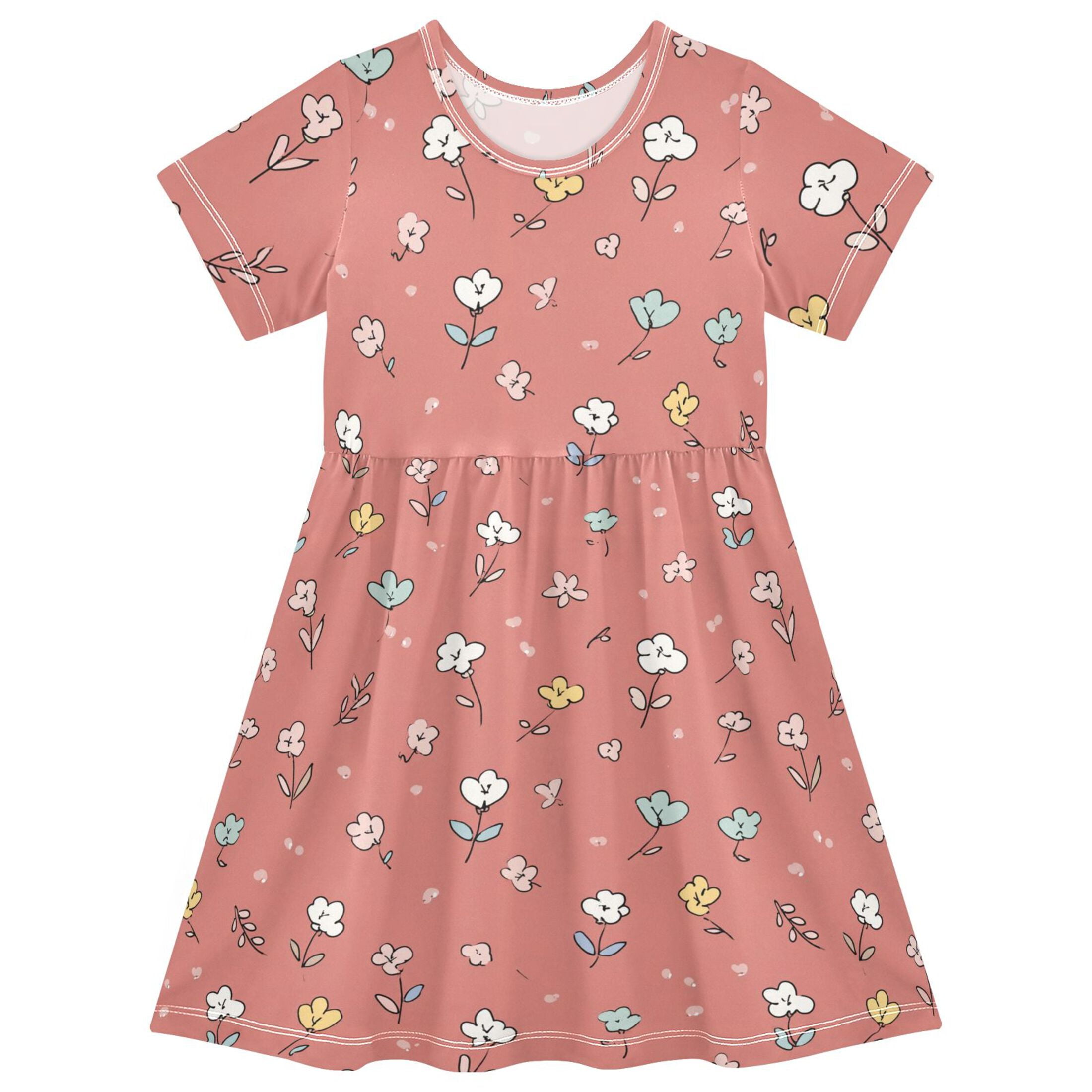 Small Delicate Flowers and Leaves Short Sleeve Dress A-Line Cute Midi ...