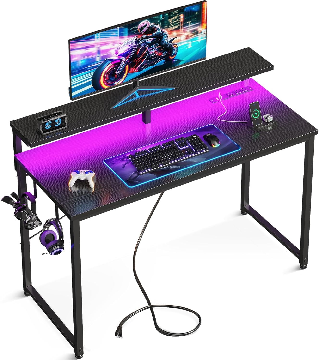Small Desk 40 Inch Gaming Desk with LED Lights and Power Outlet ...