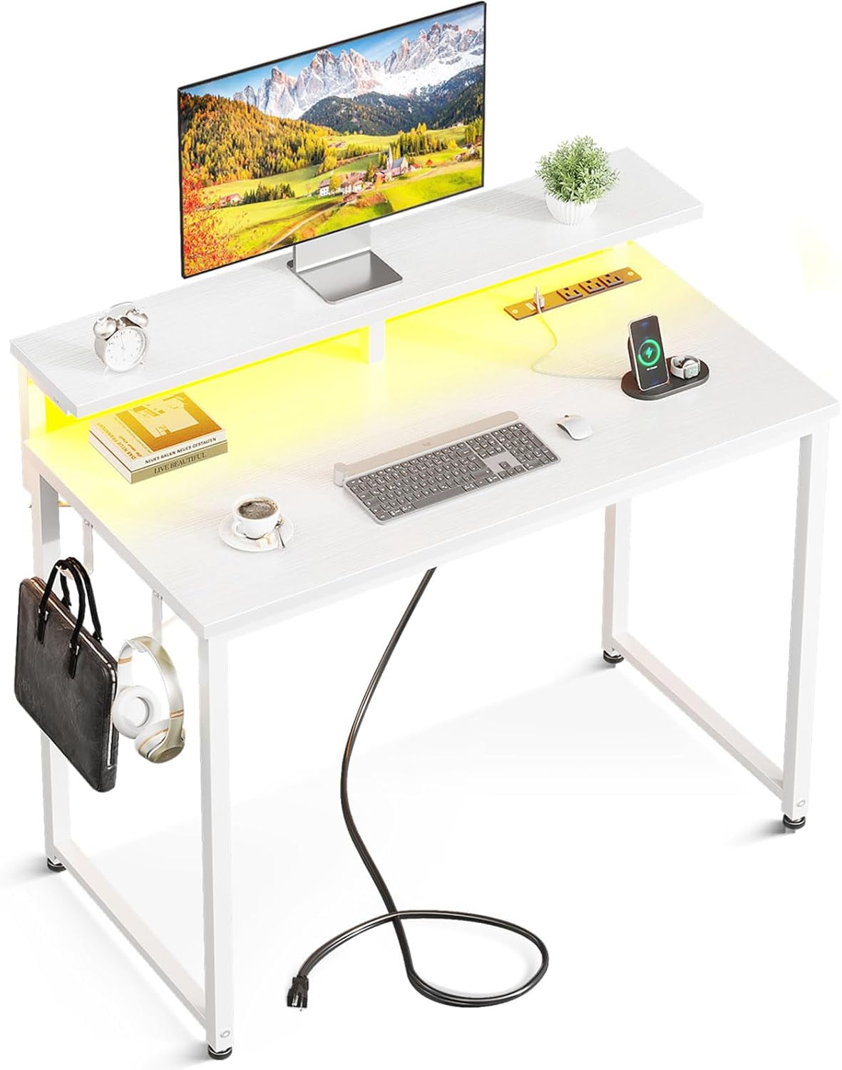 Small Desk 40 Inch Gaming Desk with LED Lights and Power Outlet ...