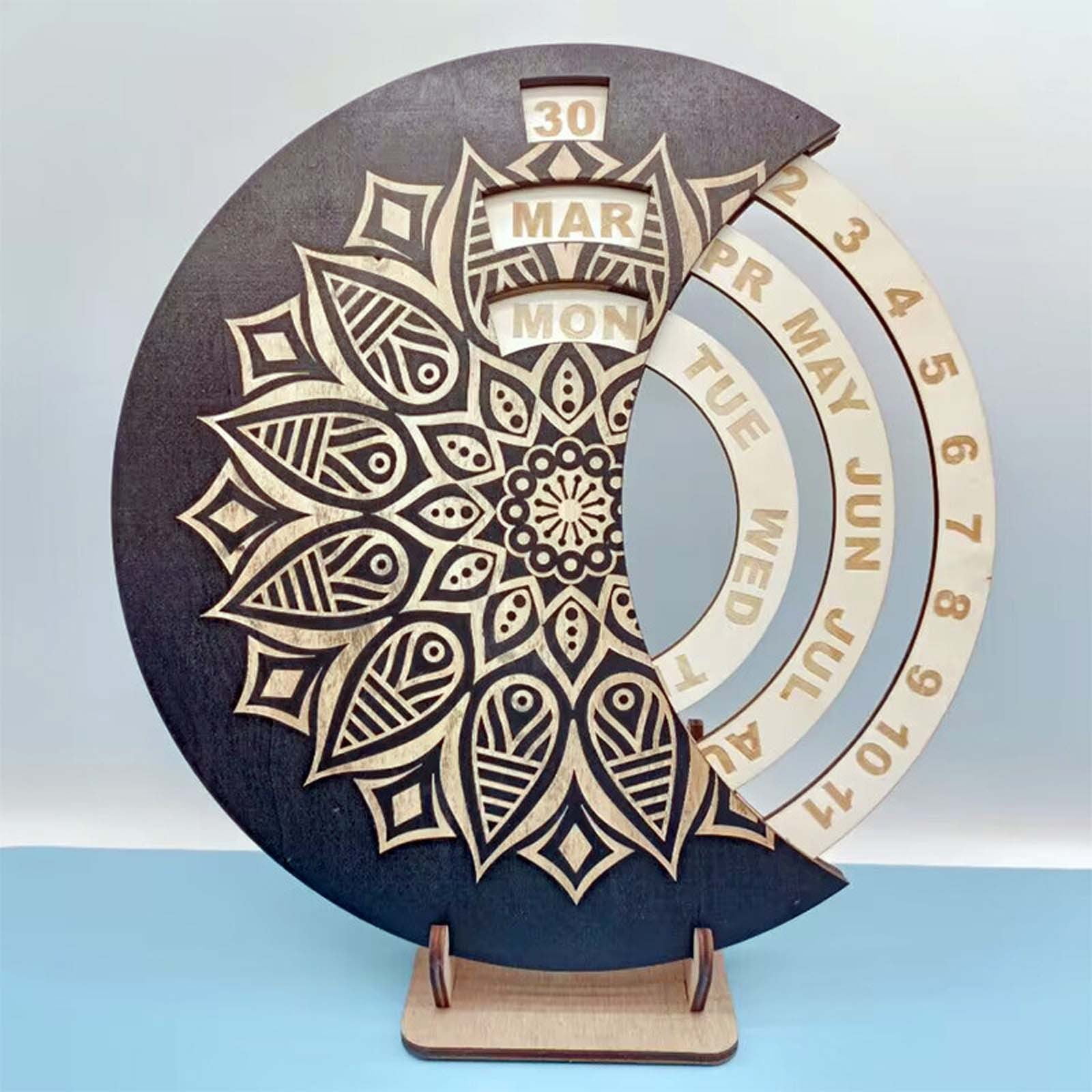 Small Desk Calendar 2025 Wooden Perpetual Calendar Circular Rotating ...