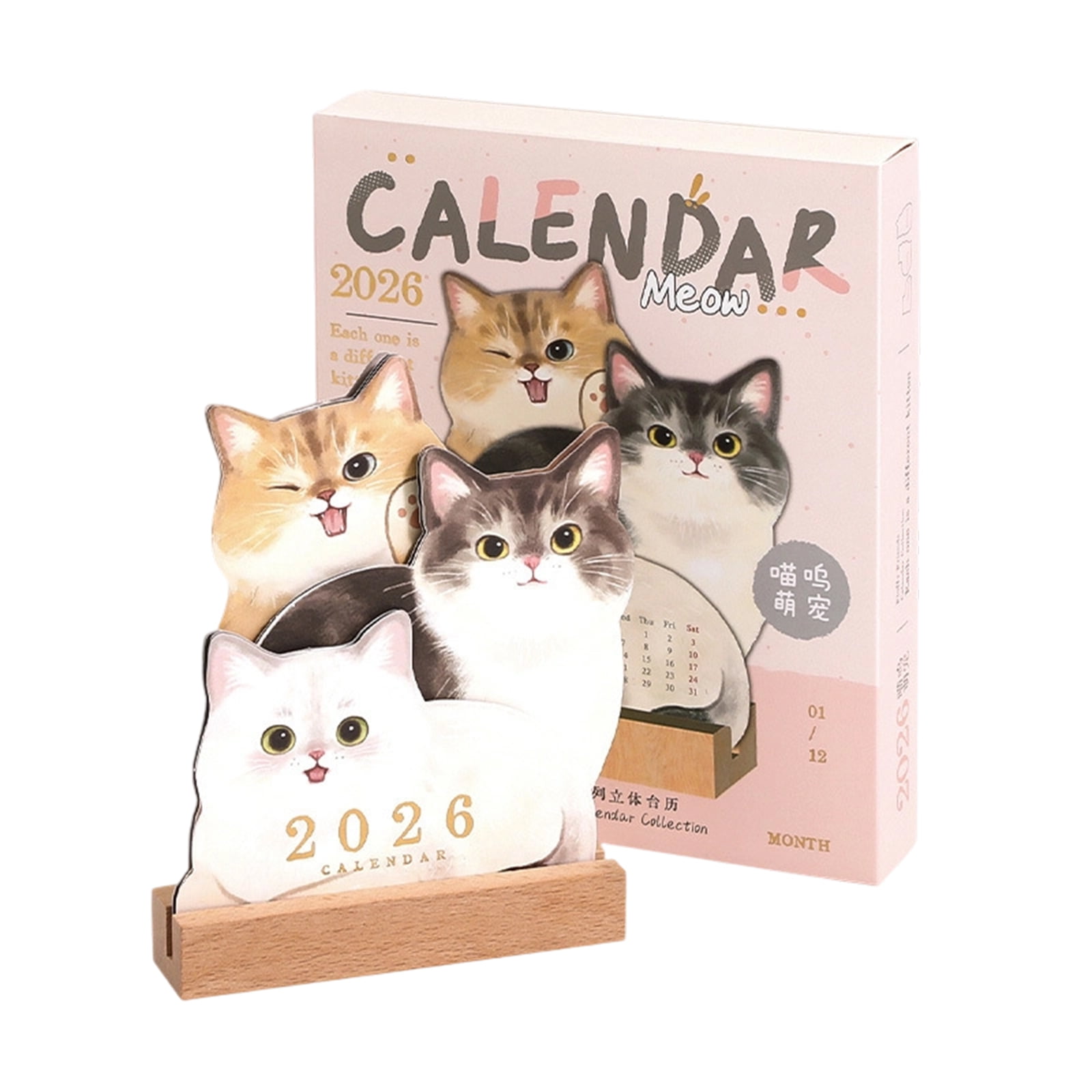 Small Desk Calendar 2026, Mini Cat Desktop Calendar 2026 With Wooden ...