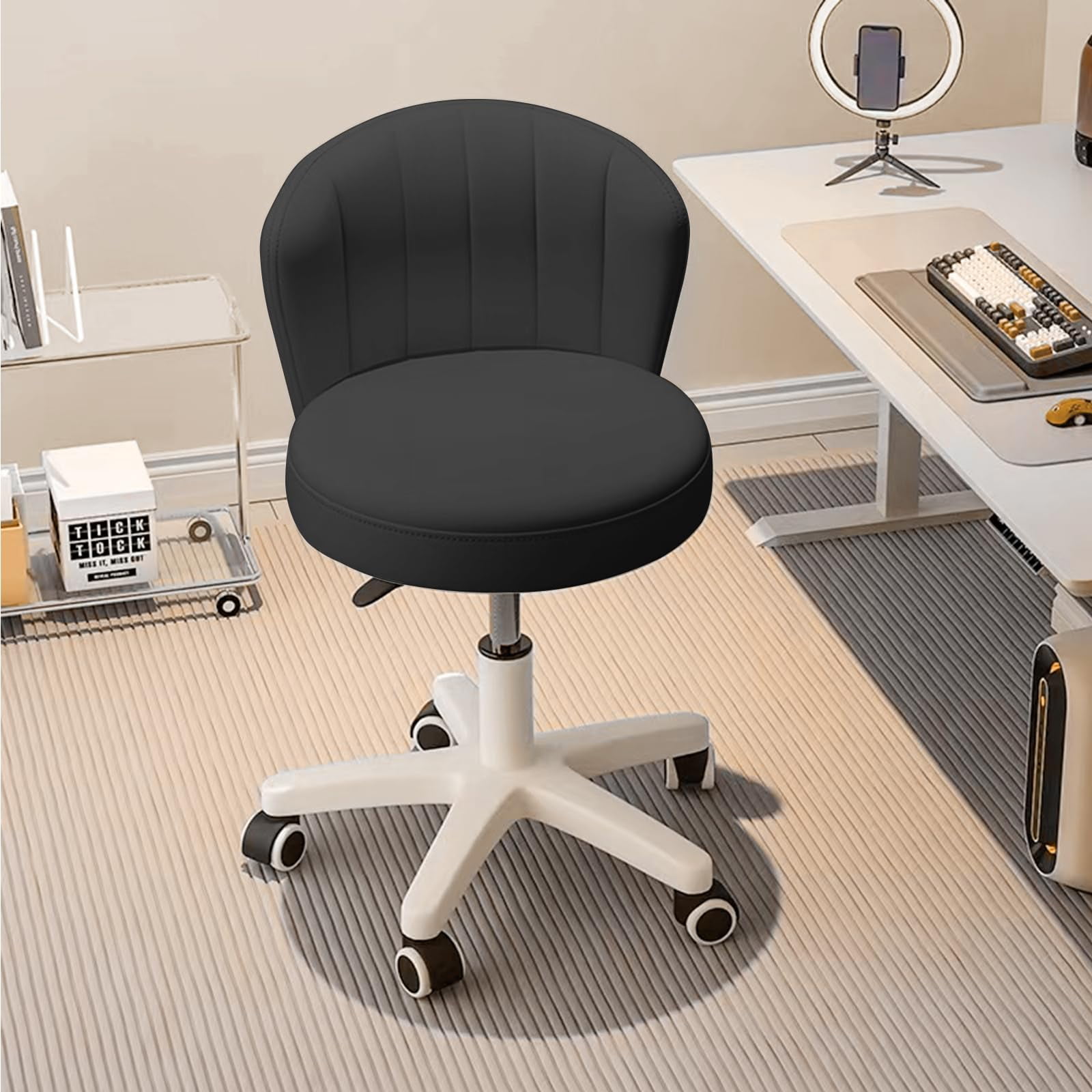 Small Desk Chair Round Rolling Chair with Back PU Leather Height ...
