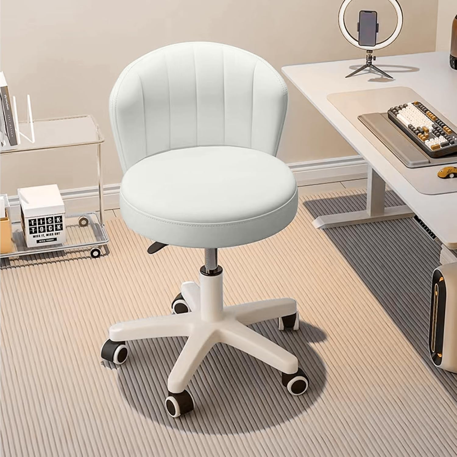 Small Desk Chair Round Rolling Chair with Back PU Leather Height ...