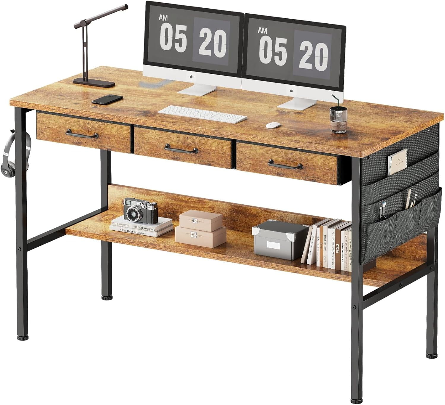 Small Desk with Drawers, 47 inch Computer Desk with Shelves, Writing ...