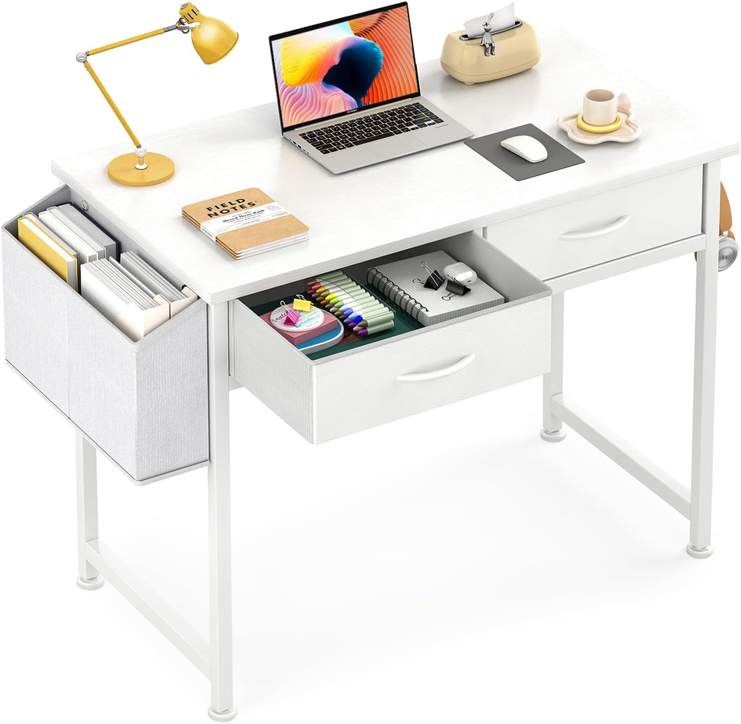 Small Desk with Fabric Drawers, 32 Inch White Vanity Desk for Bedroom ...