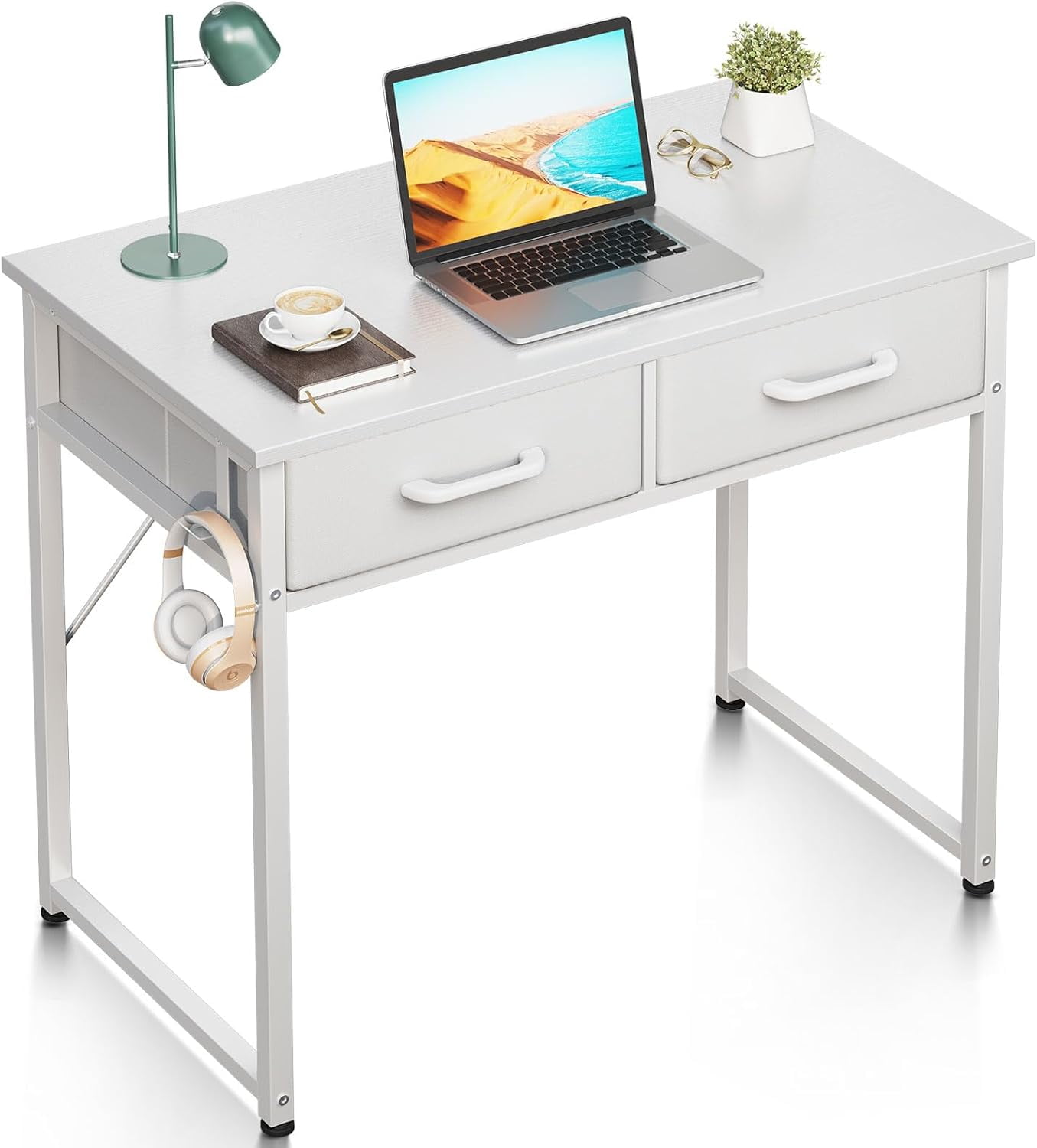 Small Desk with Fabric Drawers- for Bedroom, White Vanity Desk with ...