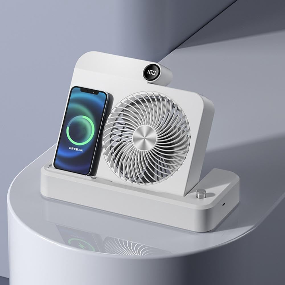 Small Desk Fan with Wireless Charger,Rechargeable Desktop Fans with ...