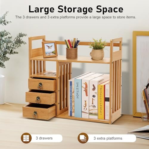 Small Desktop Bookshelf, 2 Tier Bamboo Countertop Bookshelf Desktop ...